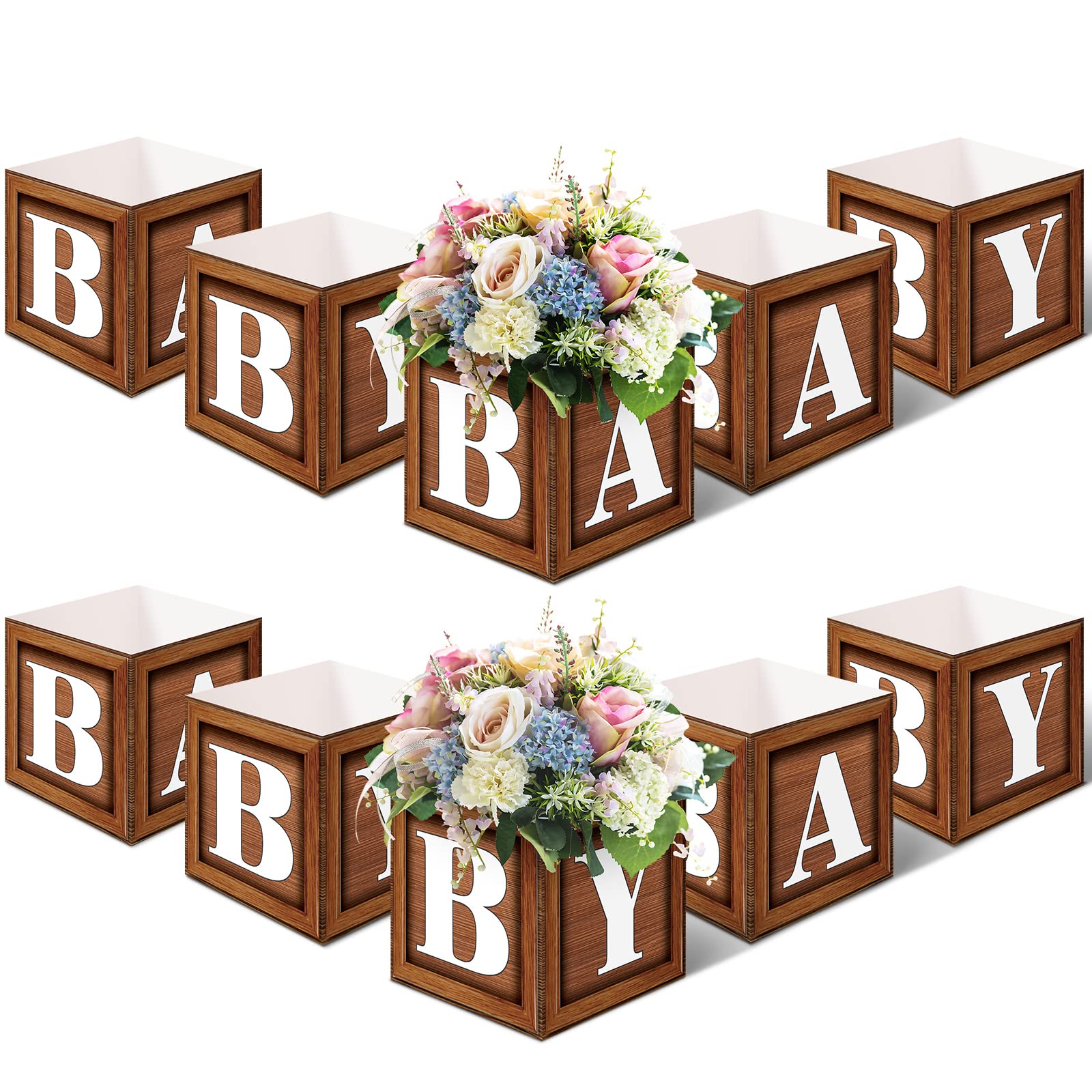Jetec 10 Piece Baby Shower Centerpiece Boxes Baby Shower Party Decorations Table Display with Letters Gender Reveal Party Favor Block Holder(Wood Style)
