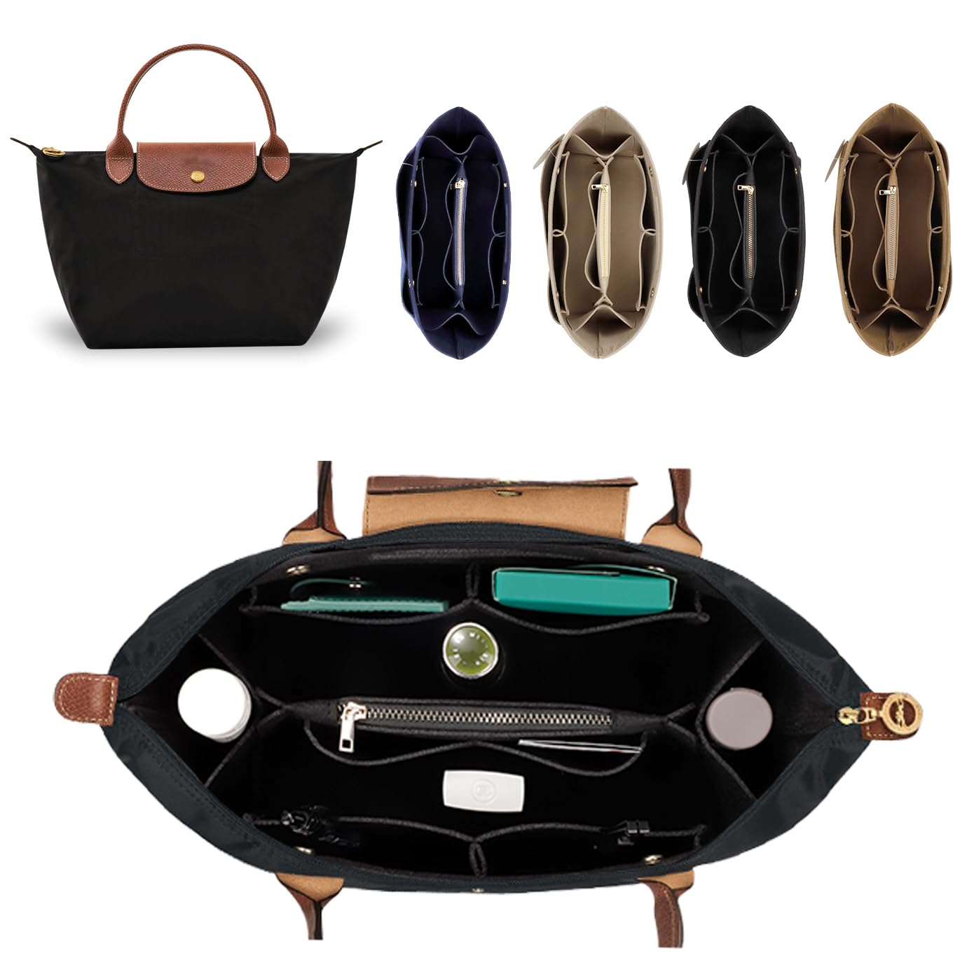 ETTP Purse Organizer Insert for le pliage Tote,Handbag Organizer Compatible with le pliage Shoulder Bag Large/Small,LE PLIAGE Top Handle Small/Medium (Black, Large)