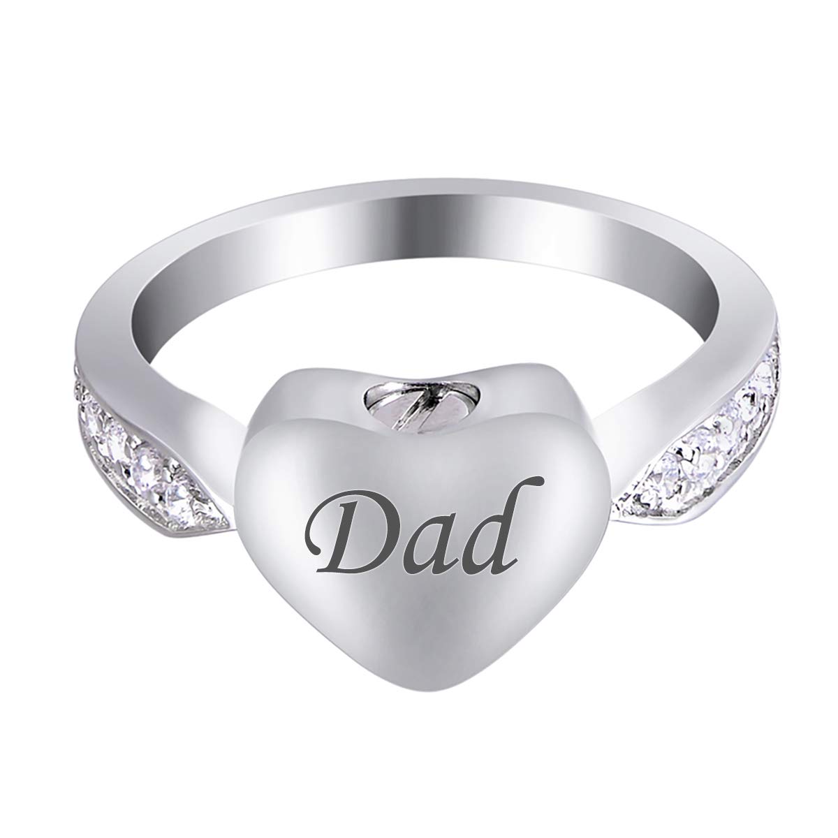 Crystal Inlay Love Heart Engravable Stainless Steel Cremation Ring Memorial Ring Rembrance Ring for Ashes Keepsake