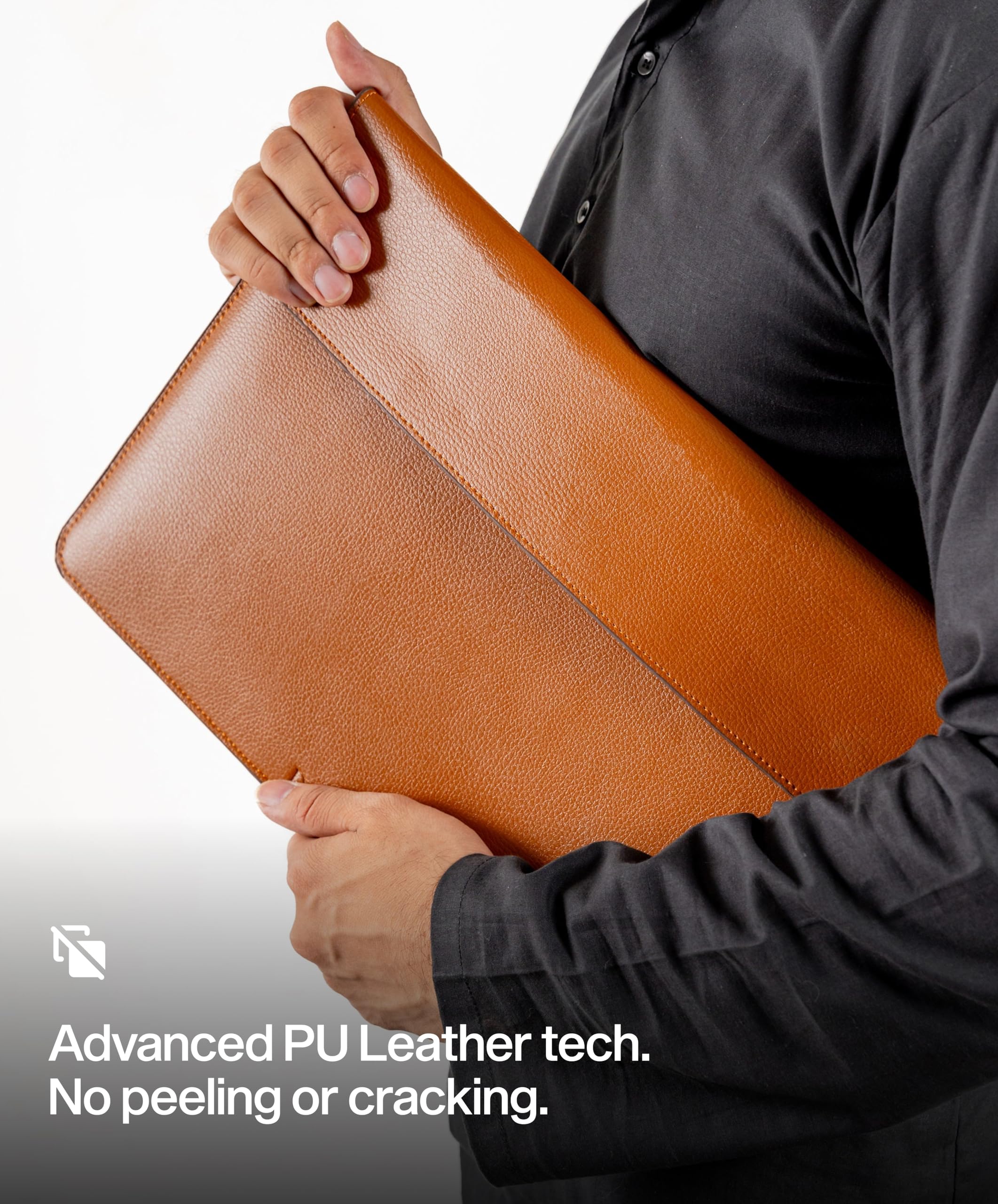 Dawn & Dusk's 15 inch Laptop Sleeve Compatible with MacBook Pro & MacBook Air, PU Leather, Vegan Friendly, Hand-Made, Magnetic Flap, Orange.