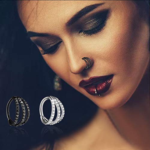 CICIMOTO Nose Ring Hoop 16G Triple Stack Septum Rings Surgical Steel Tragus Earrings Hinged Segment Clicker Daith Helix Conch Rook Lobe Ear Piercing Jewelry for Women Men,Black