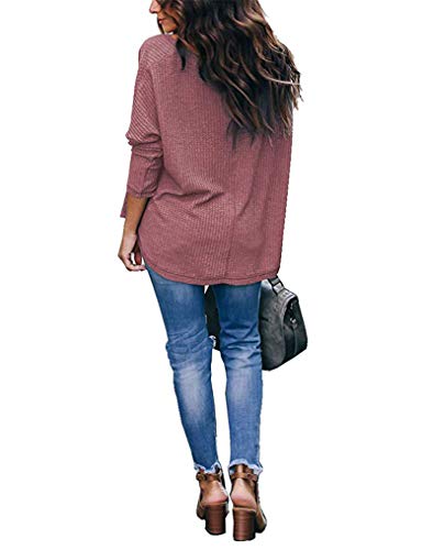 LuckyMore Women Long Sleeve V Neck Tops Sexy Off The Shoulder Loose Pullover Sweater Rust Red S