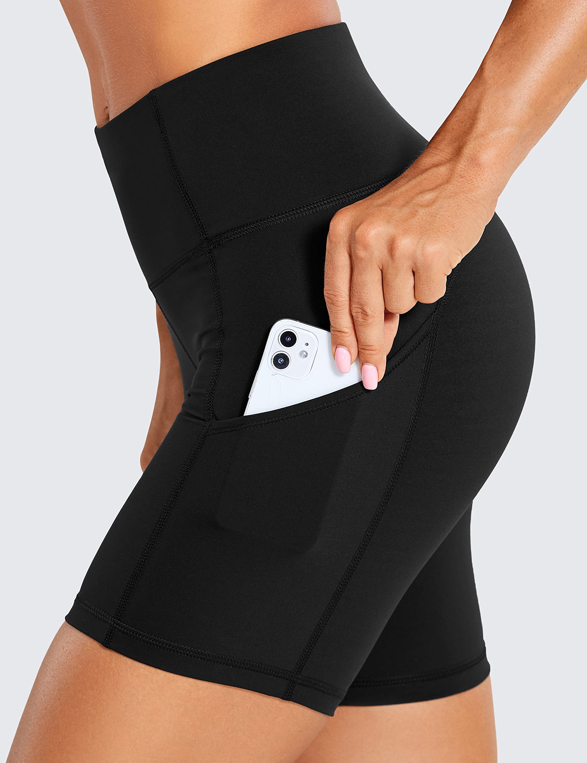 CRZ YOGA Women's Naked Feeling Light Running Shorts 6 Inches - High Waisted Gym Biker Compression Shorts with Pockets Black Medium