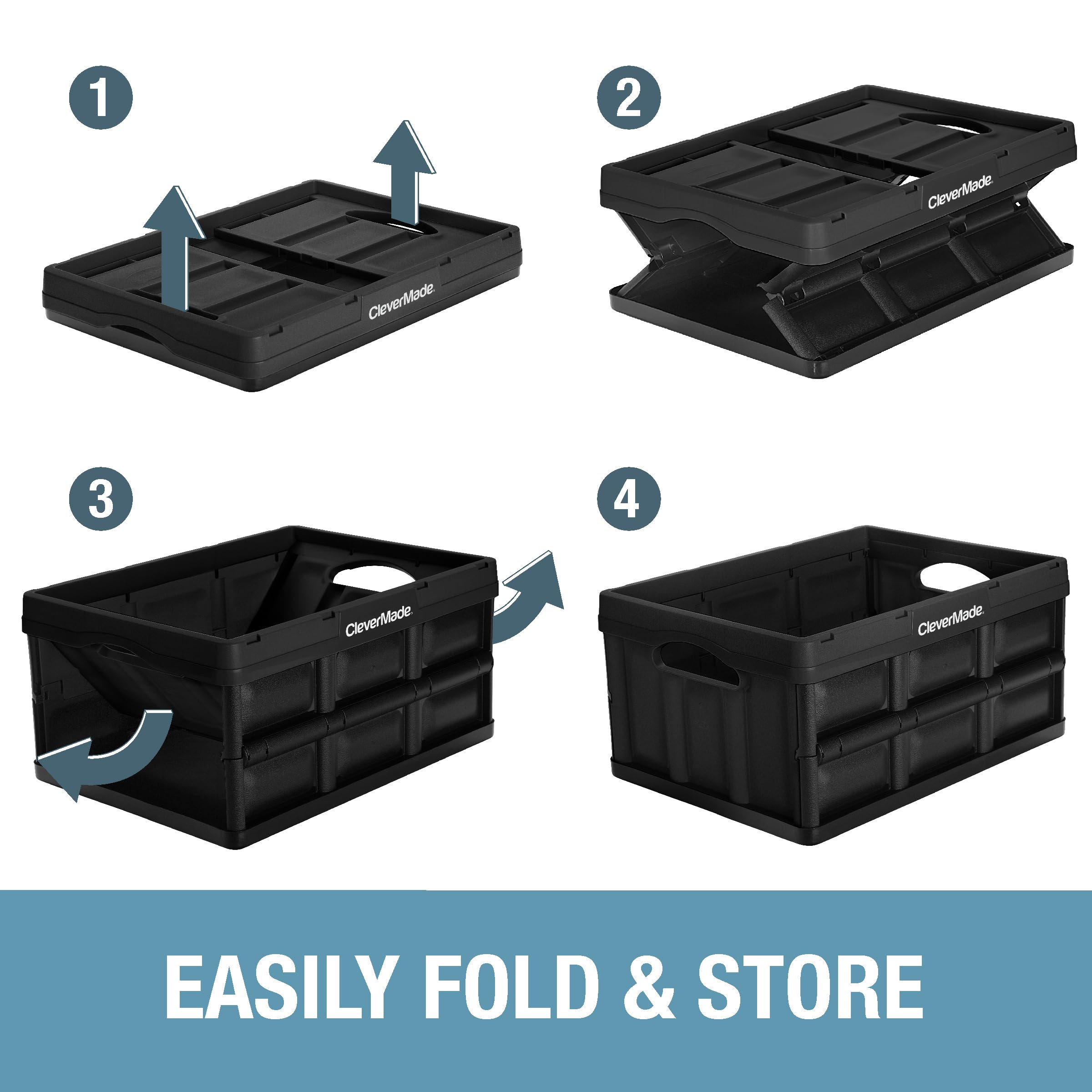 CleverMade Collapsible Storage Bin, Charcoal, 3PK - 32L (8 Gal) Stackable Storage Containers, Holds 66lbs Per Bin - Plastic Storage Bins for Organizing, Closet Storage, Garage Storage