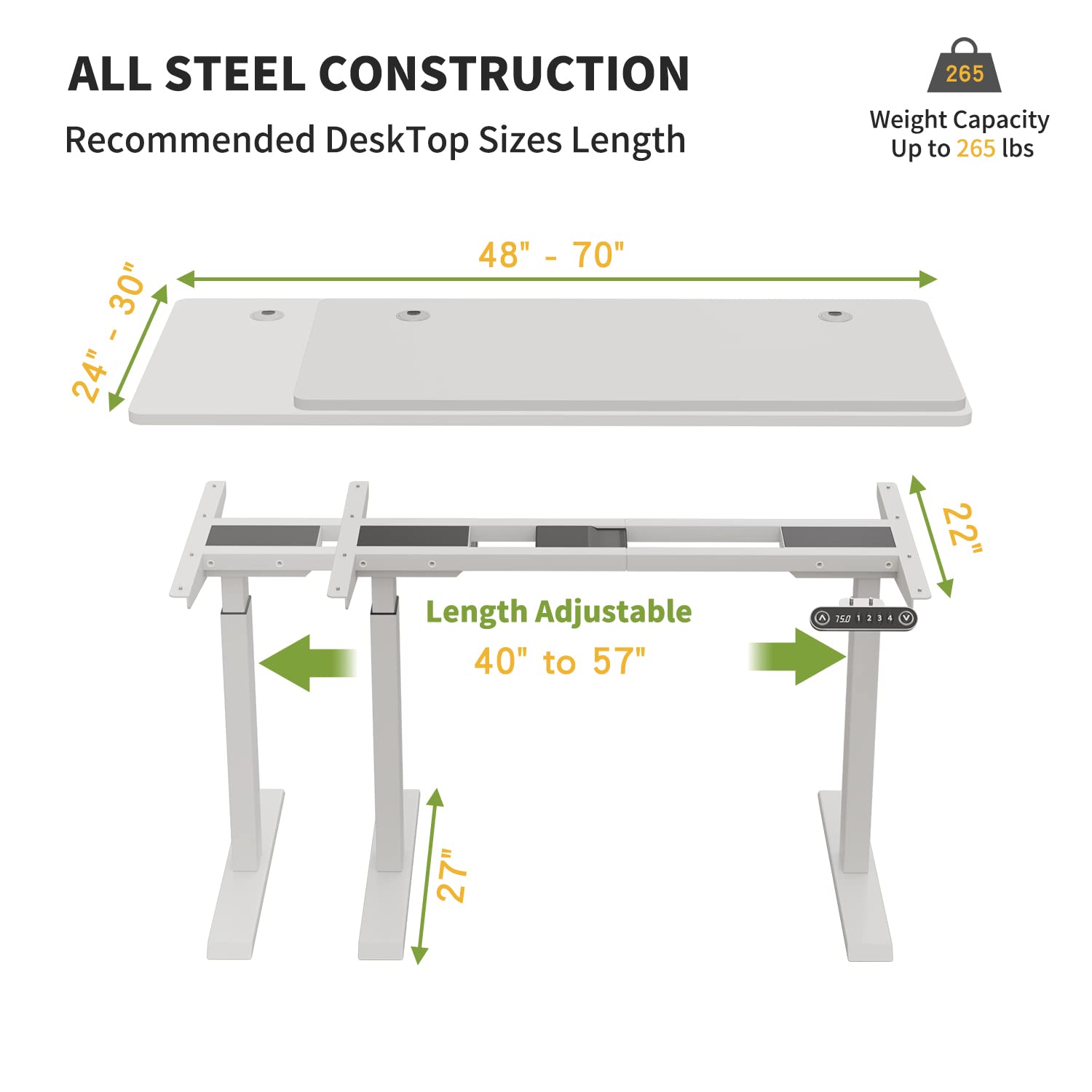 Radlove Dual Motor Height Adjustable Standing Desk Frame, Adjustable Desk Legs for 48'' to 70'' Desk Tops, Home Office Sit Stand Desk Base, Heavy Duty 265 lb Load Capacity for Home Office