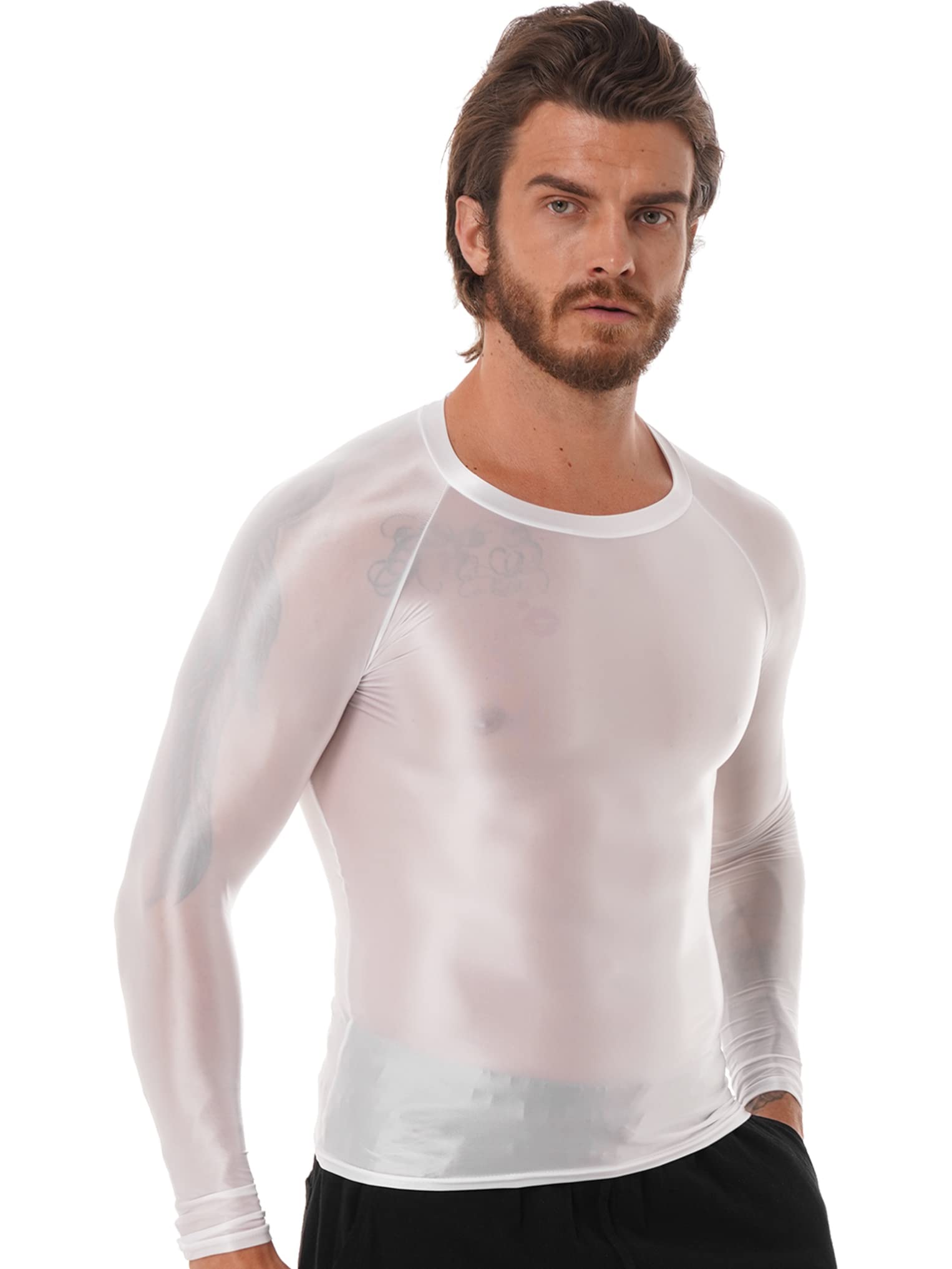 Doomiva Mens Long Sleeve Tops Round Neck Skinny T-Shirt Solid Color Elastic Sportswear Shapewear White Large