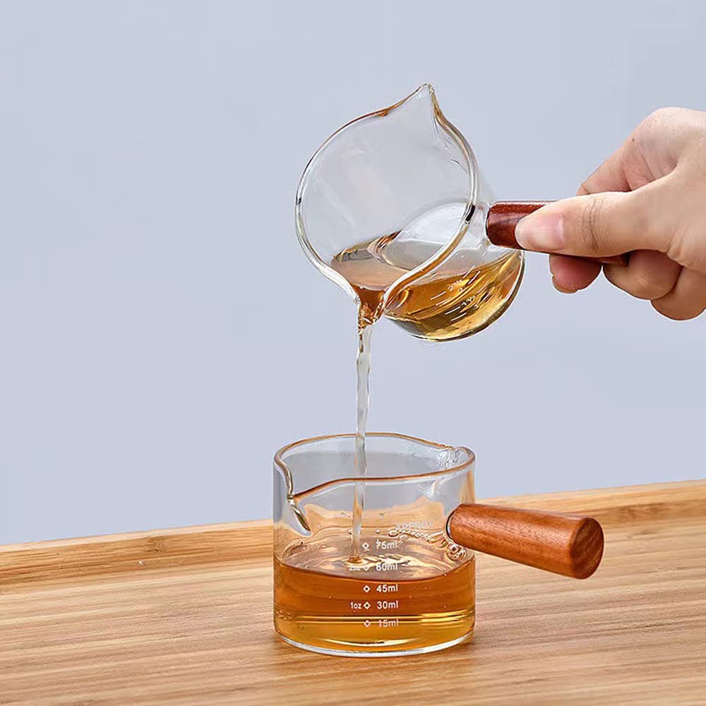 DEESUNG 2 Pack - Espresso Shot Glasses, Double Spouts, High Borosilicate Glass Material with Wood Handle, 2 OZ (75 ml) Capacity, Multiple Functions, Coffee Cup, Honey jar, Salad jar