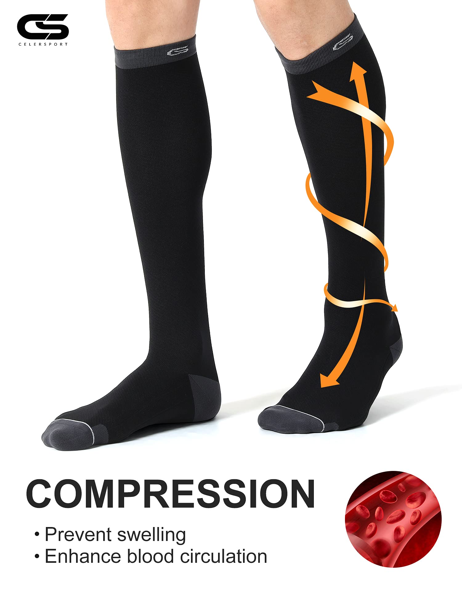 CS CELERSPORT 3 Pairs Compression Socks 20-30mmHg for Men Circulation Socks For Running Traveling Shin Splints Nurse Athletic And Pregnancy Black