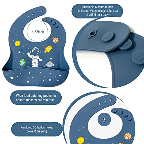 Soft Silicone Baby Feeding Set With Pattern, Baby Led Weaning Supplies with Adjustable Bib, Suction Bowl, Suction Divided Plate, Straw Cup, First Stage Spoon & Fork
