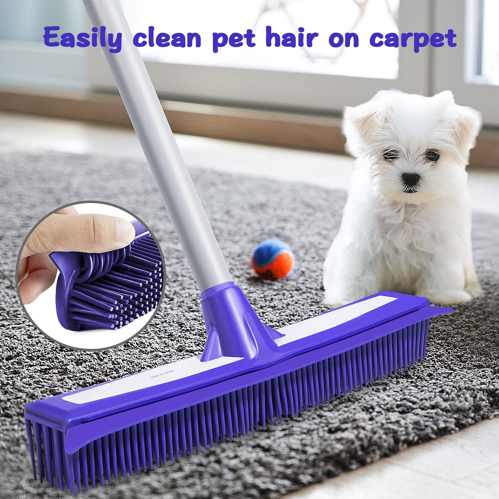 CLEBROOM Soft Rubber Push Broom-Extendable Telescopic Long Handle Bristles Squeegee Broom Bristle Sweeper Removal Pet Dog Hair for Cleaning Hardwood Carpet Tile Windows Clean Water Resistant (Blue)