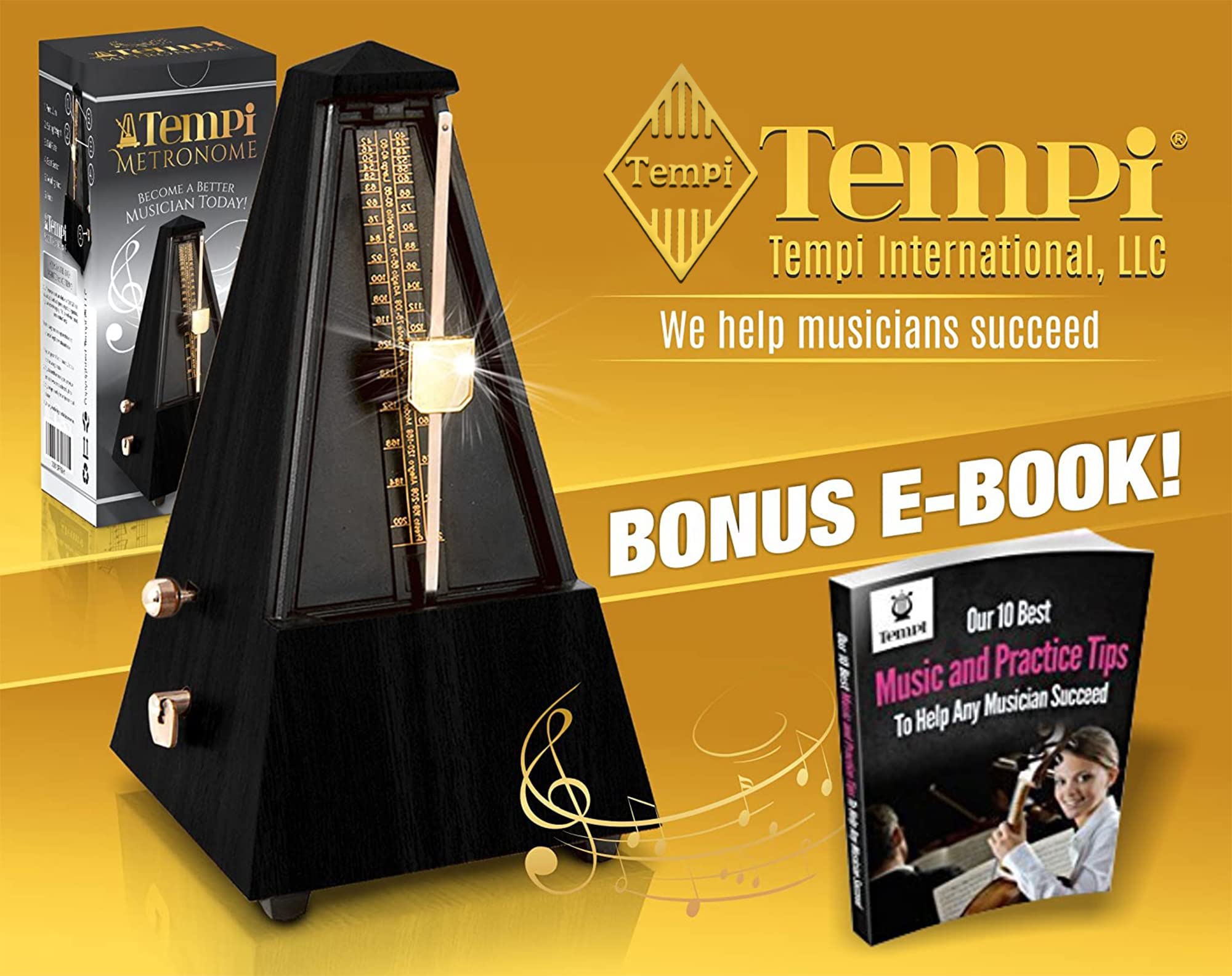 Tempi Mechanical Metronome for Musicians - 2-Year Warranty - Metronome for Piano/Guitar/Violin, Metronome Music for Adults and Kids (Molded Black Grain Veneer)