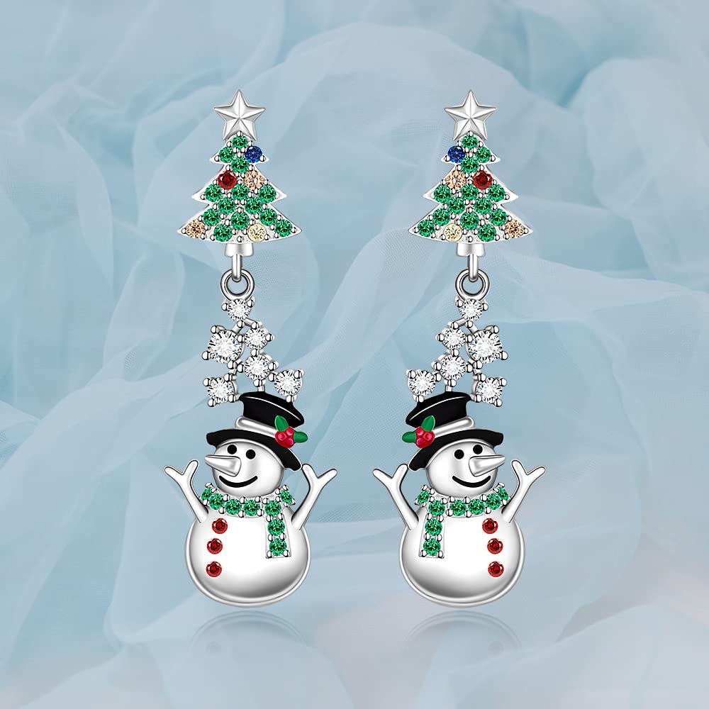Christmas Tree Snowman Earrings for Women Sterling Silver Tree with Star Holiday Dangle Drop Earrings Winter Colorful CZ Xmas Gift