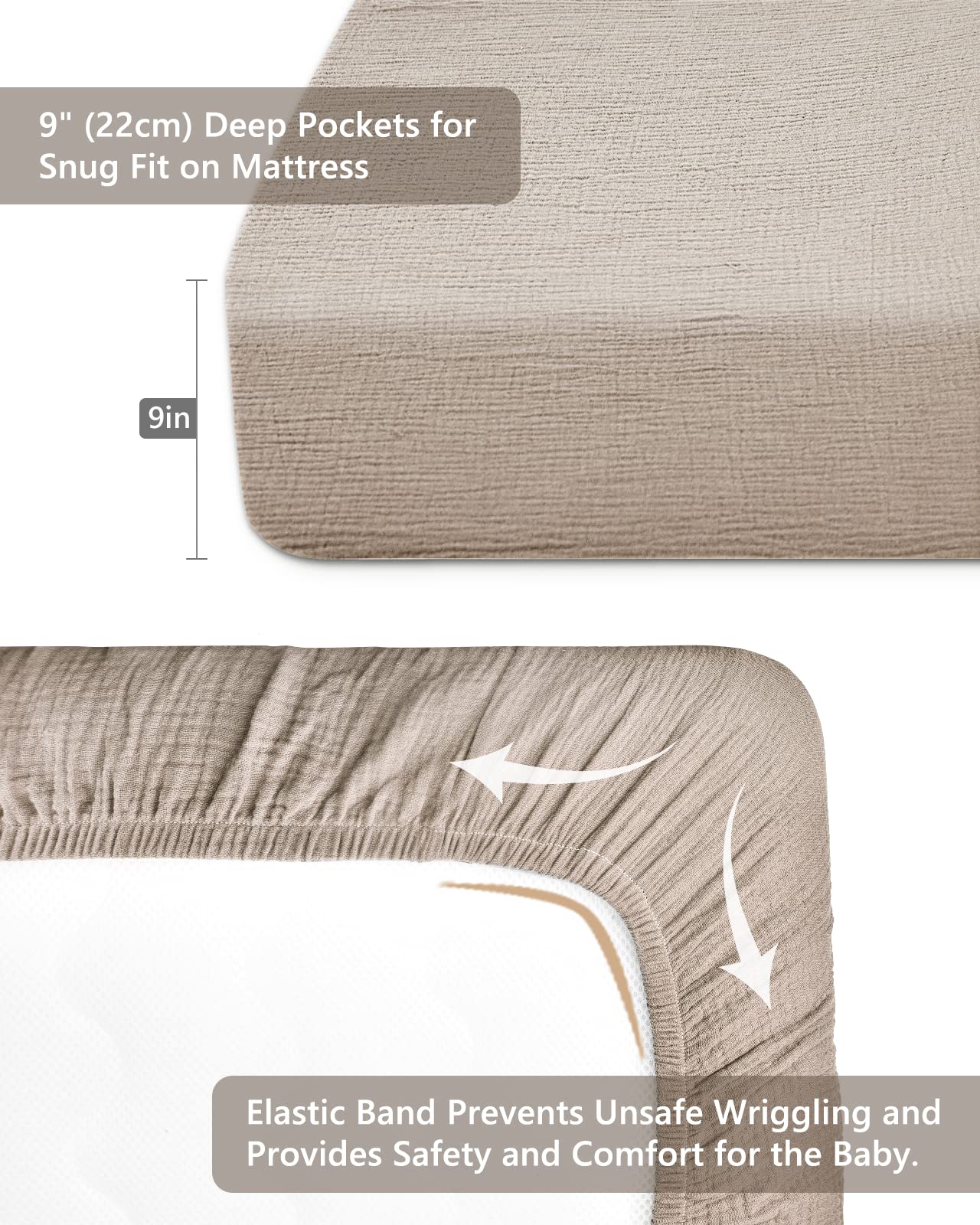 Crib Sheets for Boys Girl, Fitted Baby Toddler Bed Sheets 28" x 52", Neutral Muslin Cotton Crib Mattress Sheet with Boho Style, Soft and Breathable Comfort (Beige)
