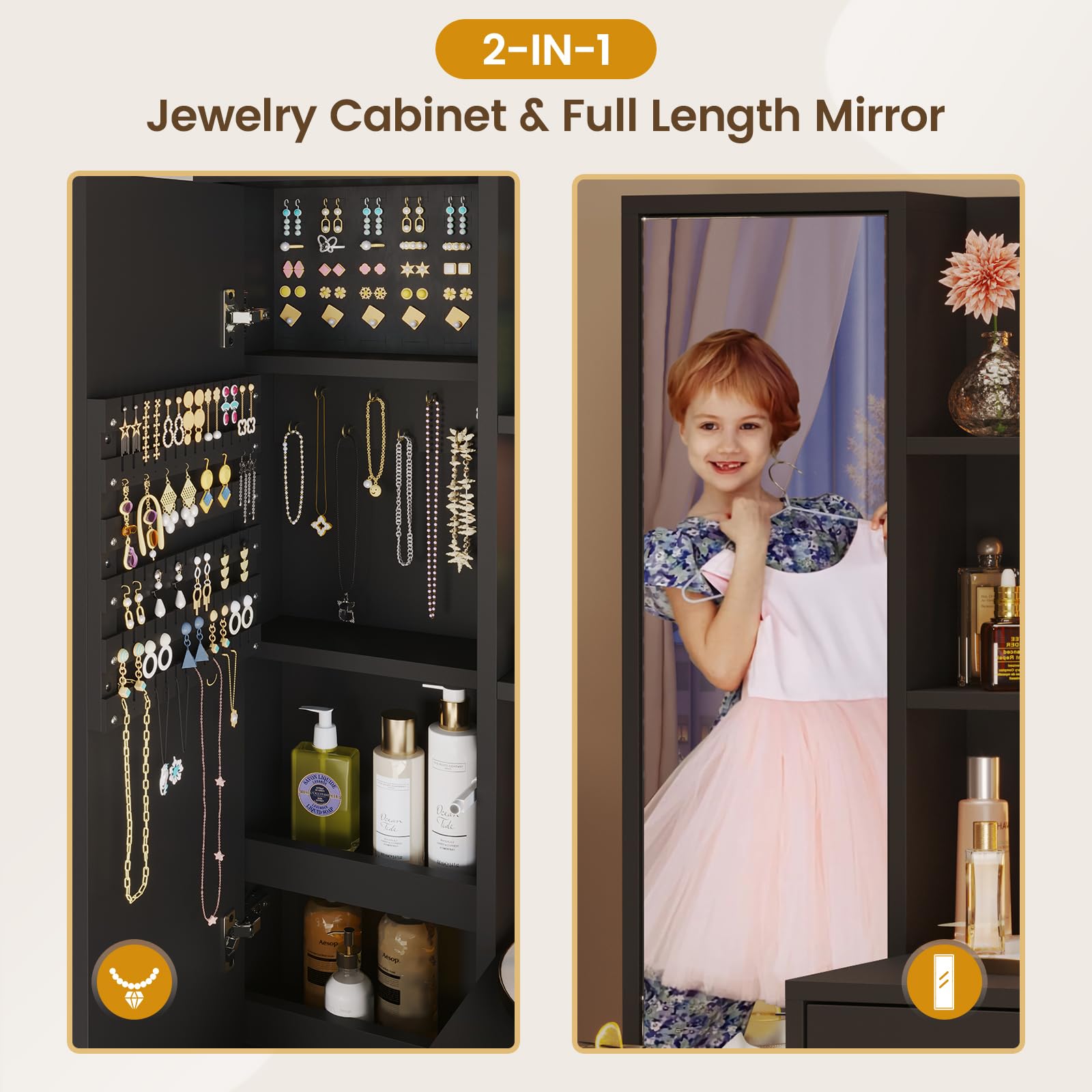 HAUOMS Makeup Vanity with Jewelry Cabinet & LED Lighted Mirror, Modern Vanity Desk with Charging Station, Double Mirror Vanity Table Set, White & Gold