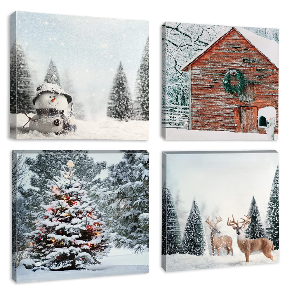 Christmas Canvas Wall Art Snowy Scenery Red Cottage Cute Snowman Canvas Prints for Living Room Kitchen Bathroom Home 12x12 Inches