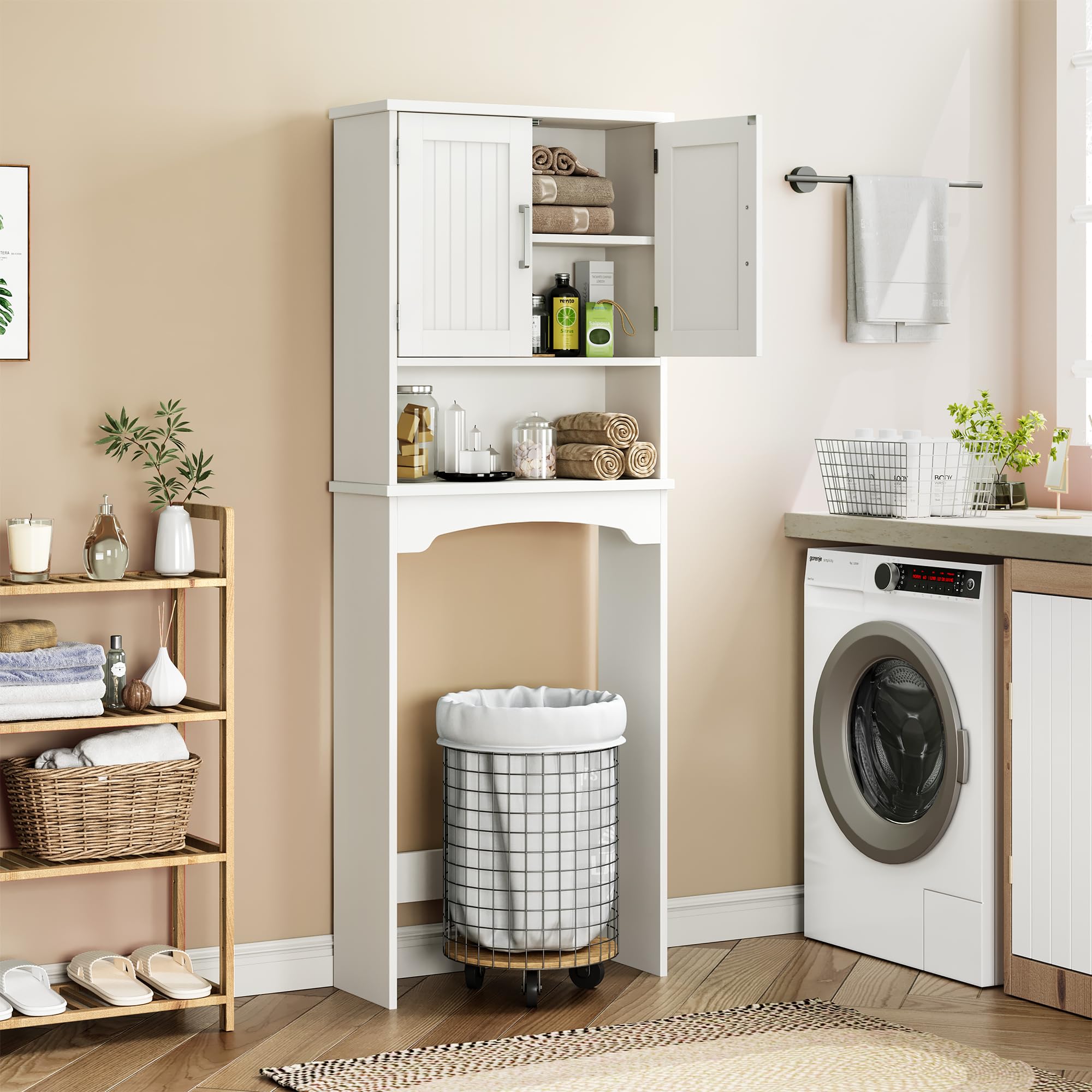 GarveeHome Over The Toilet Storage Cabinet, Double Door Bathroom Storage Organizer with Anti-Tip Device, Small Freestanding Space Saver with Open Shelf,White