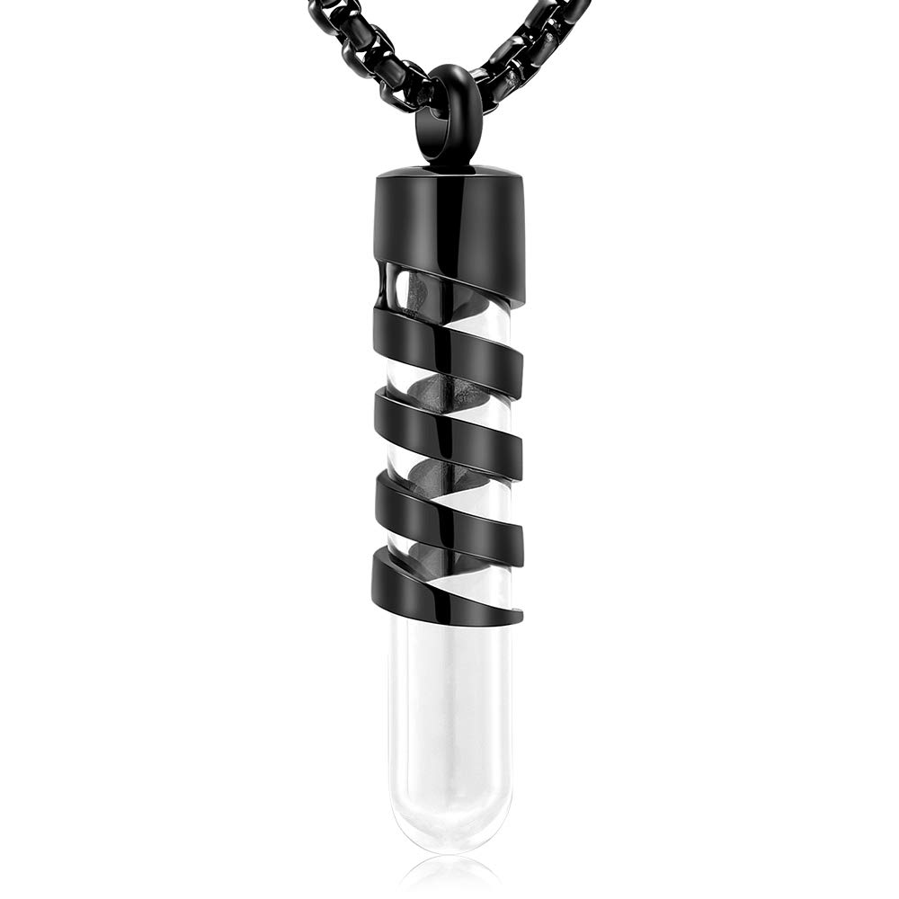Clear Glass Tube Cremation Urn Jewelry Ashes Holder Necklace Keepsake Memorial Pendant Including Box/Fill Kits (Black)