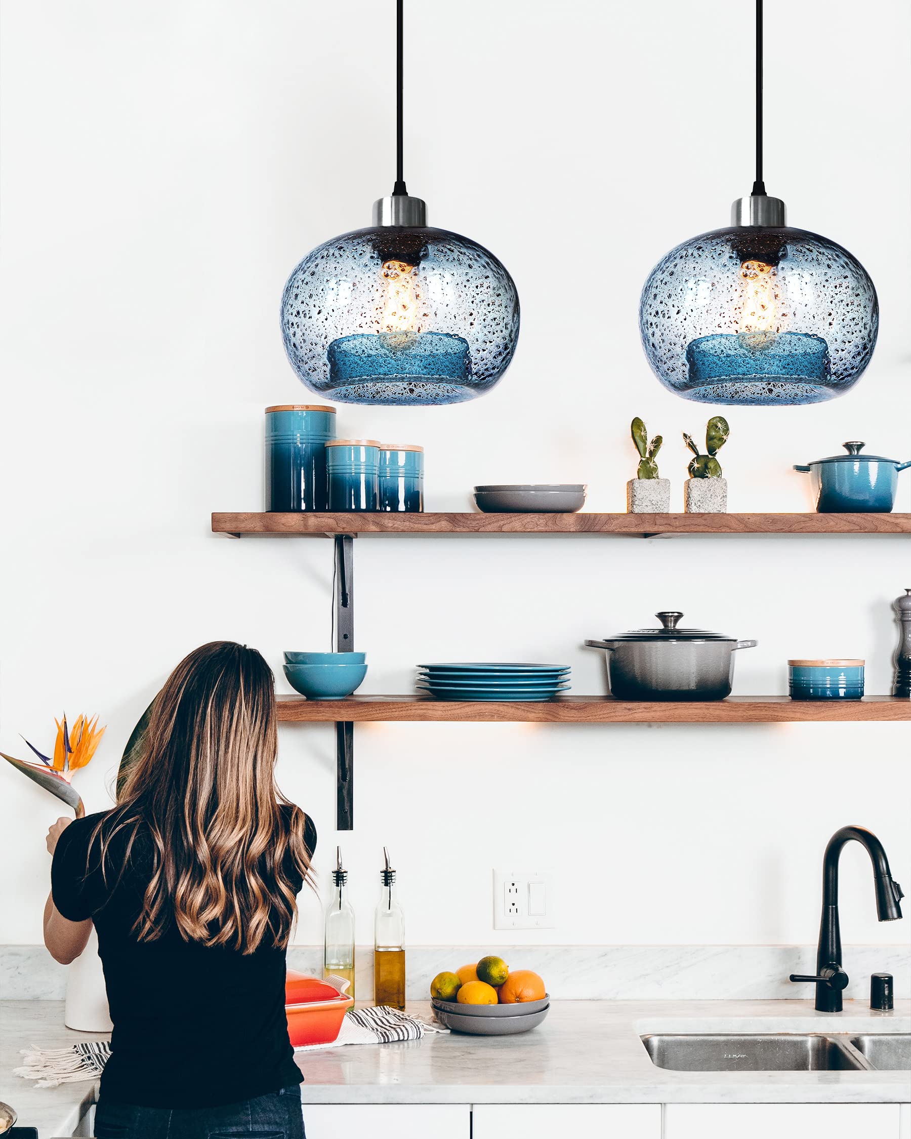 CASAMOTION Pendant Lighting Kitchen Island Table Hand Blown Glass Light Fixtures Marble Blue Color Modern Farmhouse Style Ceiling Hanging Dining Room Brushed Nickel 9 Inch Diam 2 Pack
