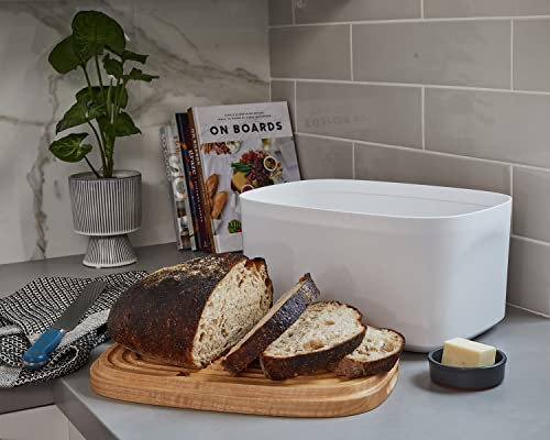 Sonder Los Angeles, Modern Bamboo Fiber (White) Bread Box for Kitchen Countertop with Reversible Wood Serving Lid, Homemade Bread Storage 14.25 x 9.25 x 7in, Storage Bin and Bread Container