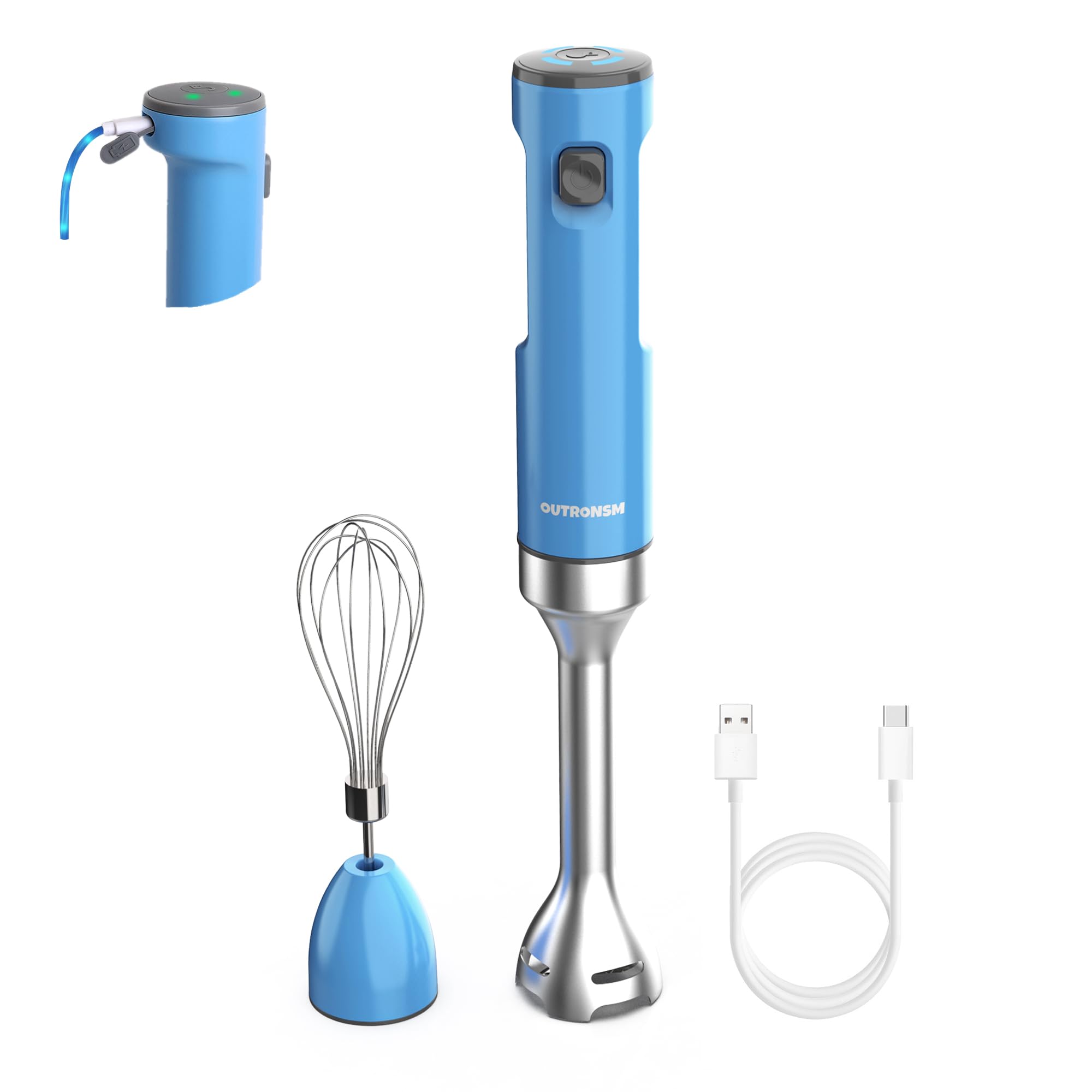 Cordless Hand Blender, OUTRONSM Immersion Blender Handheld Rechargeable, with Charging Cable, Egg Whisk, for Smoothies, Milkshakes, Hummus and Soups β Blue