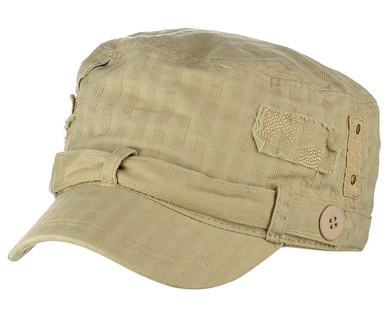 D&Y Unisex Distressed Patched Button Waffle Cadet Military Cap, Beige