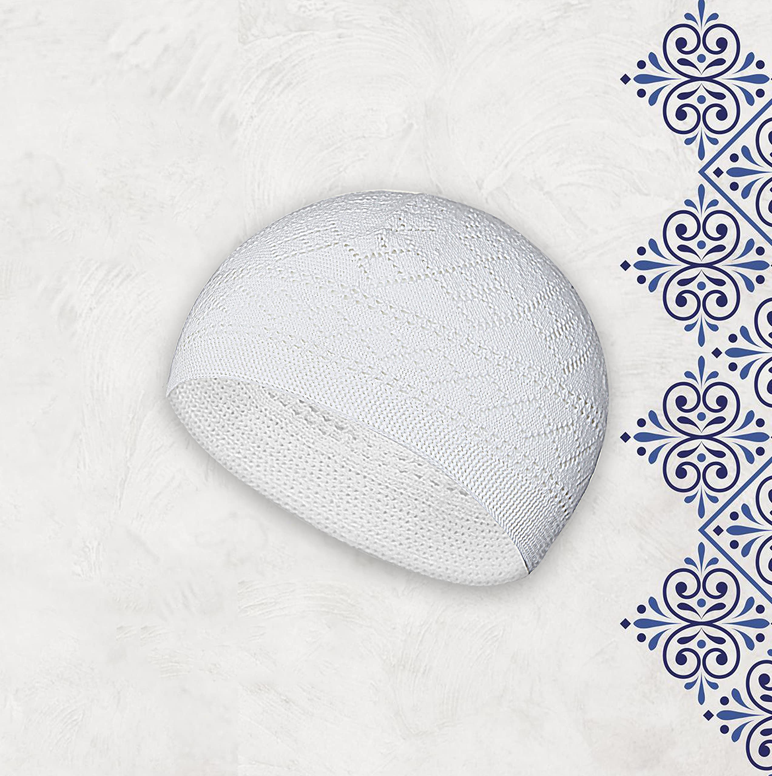 ESERRA Kufi Hats for Men Muslim, Prayer Cap, Handicraft Taqiyah, Taqiyah Cap, Muslim Tasbih 99 Beads, Muslim Prayer Beads (White and Black)