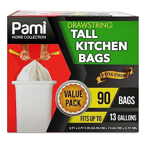 PAMI Tall 13-Gallon Kitchen Drawstring Trash Bags [90-Pack, White] - Extra-Strong Plastic Garbage Bags- Thick Trash Can Liners For Kitchen, Bathroom & Outdoor Bins- 2ft x2ft Unscented Trash Bags