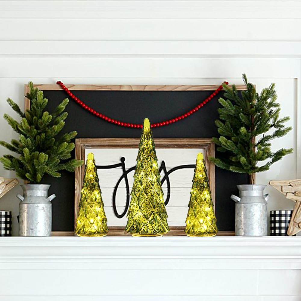Christmas Decorations Indoor, YEAHOME Set of 3 Pre-lit Green Glass Christmas Tree for Home Decor, Christmas Table Decorations Lighted Xmas Tree with Timer for Living Room Mantel Tabletop Party