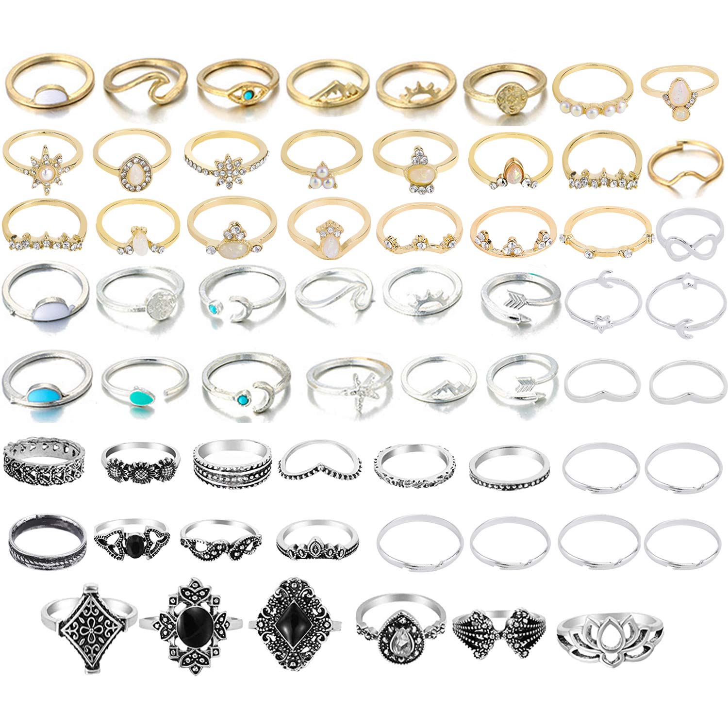 CSIYANJRY99 Boho Gold&Silver Ring Sets Star Moon Knuckle Rings for Women Multiple Rings Bulk Pack Stackable Midi Finger Rings Set (62Pcs)