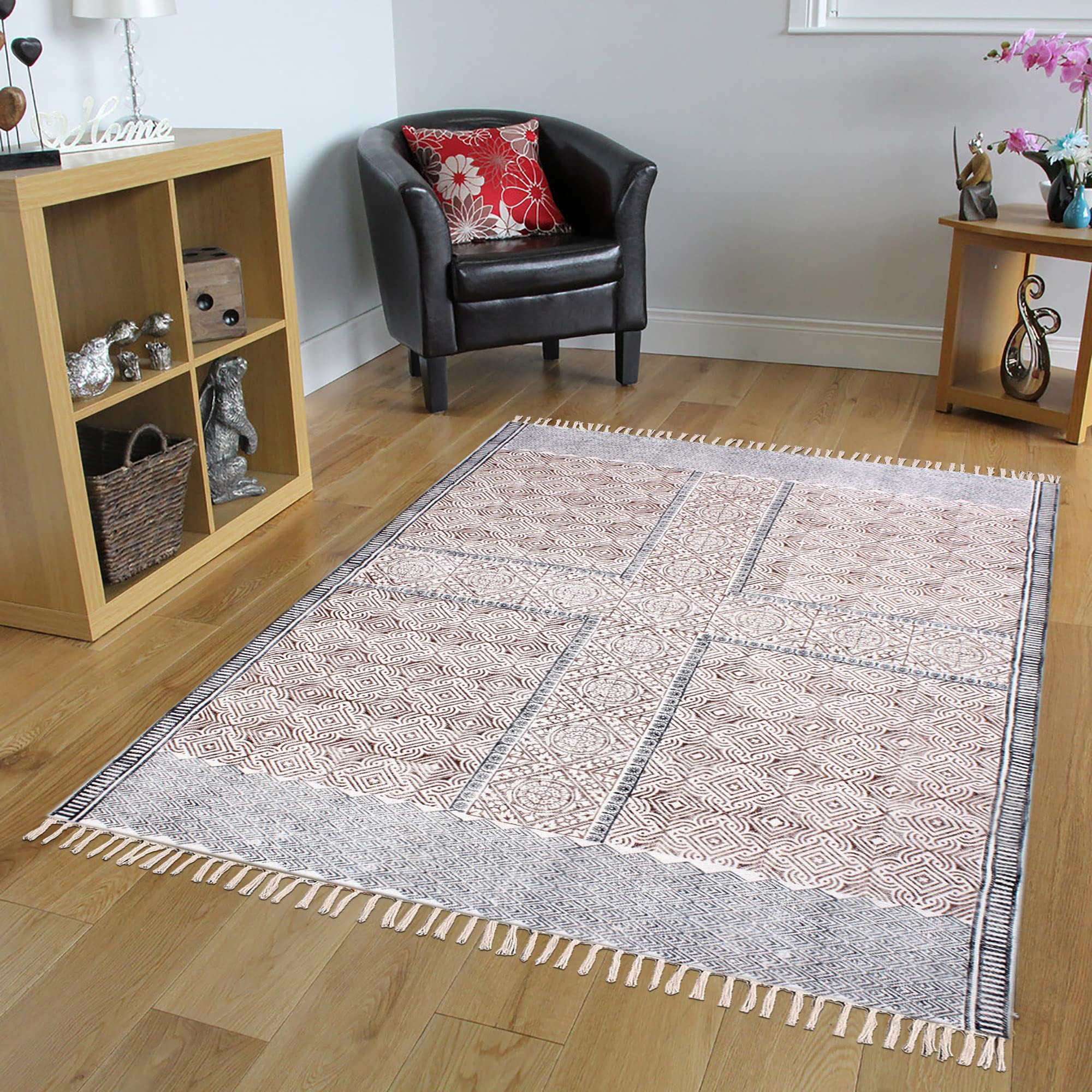 Casavani Hand Block Printed Hand Made Brown, Black Geometric Tassel Rug Cotton Easy Washable Rugs Floor Carpet for Doormat Entryway Living Room Bedroom Hallway Balcony 6x12 Feet Runner
