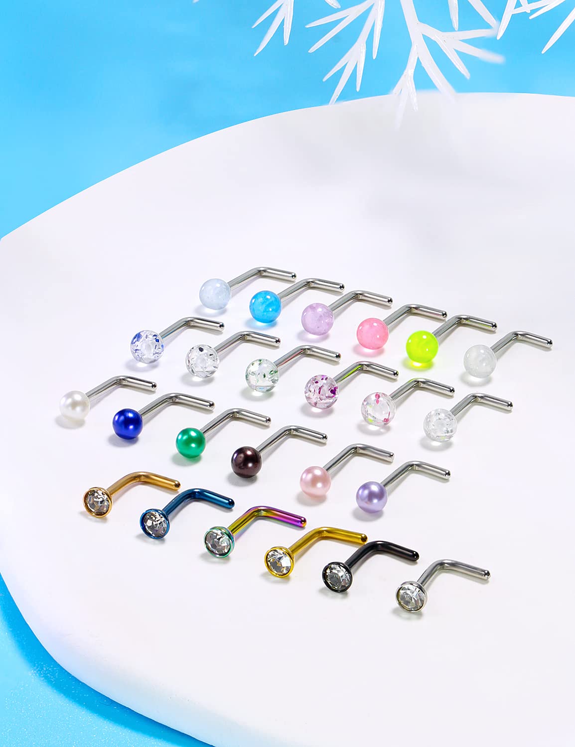 Cisyozi 18G Nose Rings Studs for Women Stainless Surgical Steel Stud Nose Ring Plastic Glow Dark Big Curved Nose Nostril Rings Bend L Shaped Pearl Nose Ring Piercing Jewelry Set Pack Men Diamond 3mm