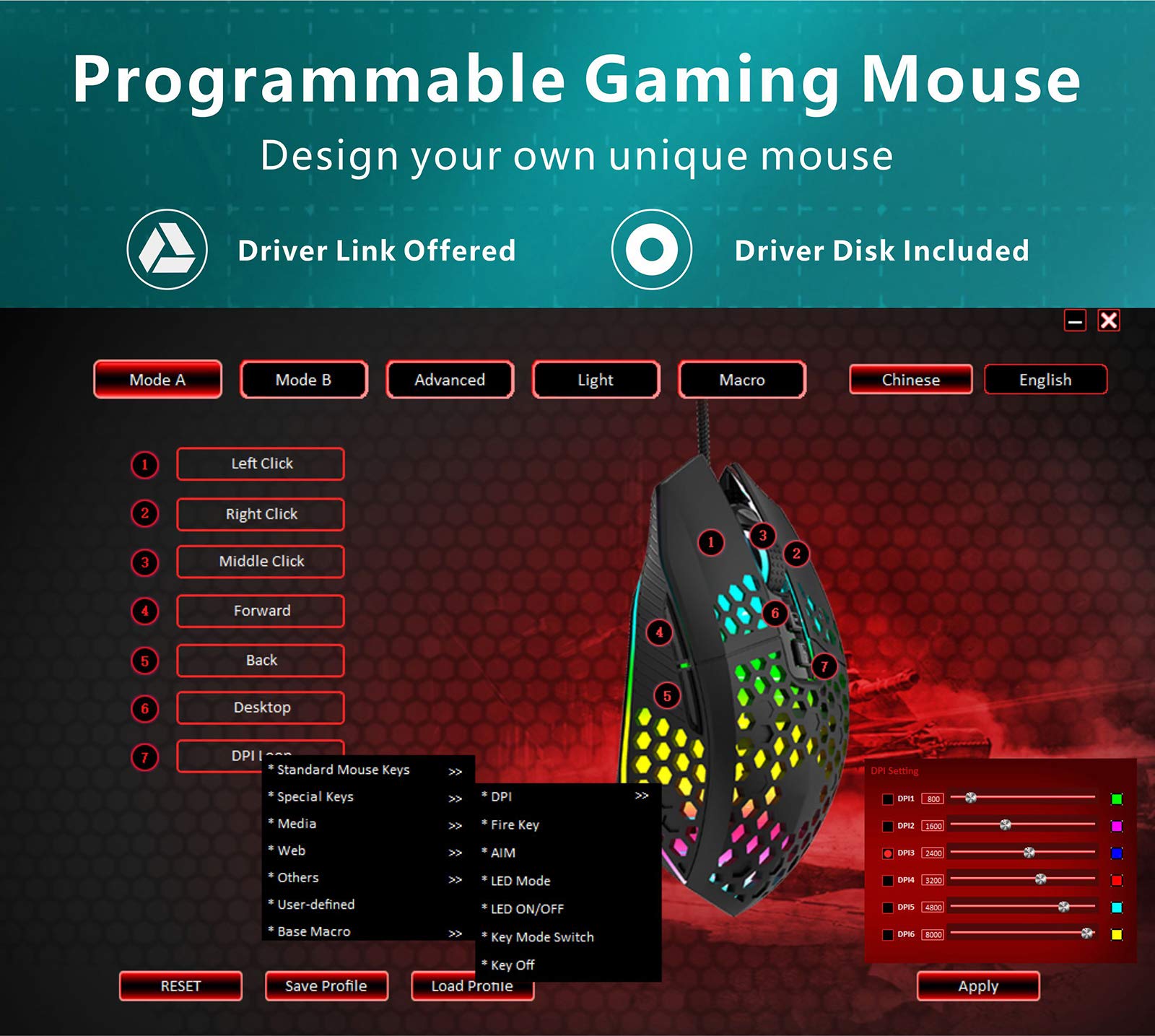 Uiosmuph X801 Wired Gaming Mouse, Honeycomb Lightweight Gaming Mouse with RGB Backlit, 7 Programmable Buttons and One-Click Desktop, 8000 DPI Optical USB Gamer Mouse for Mac, Laptop, Computer - Black