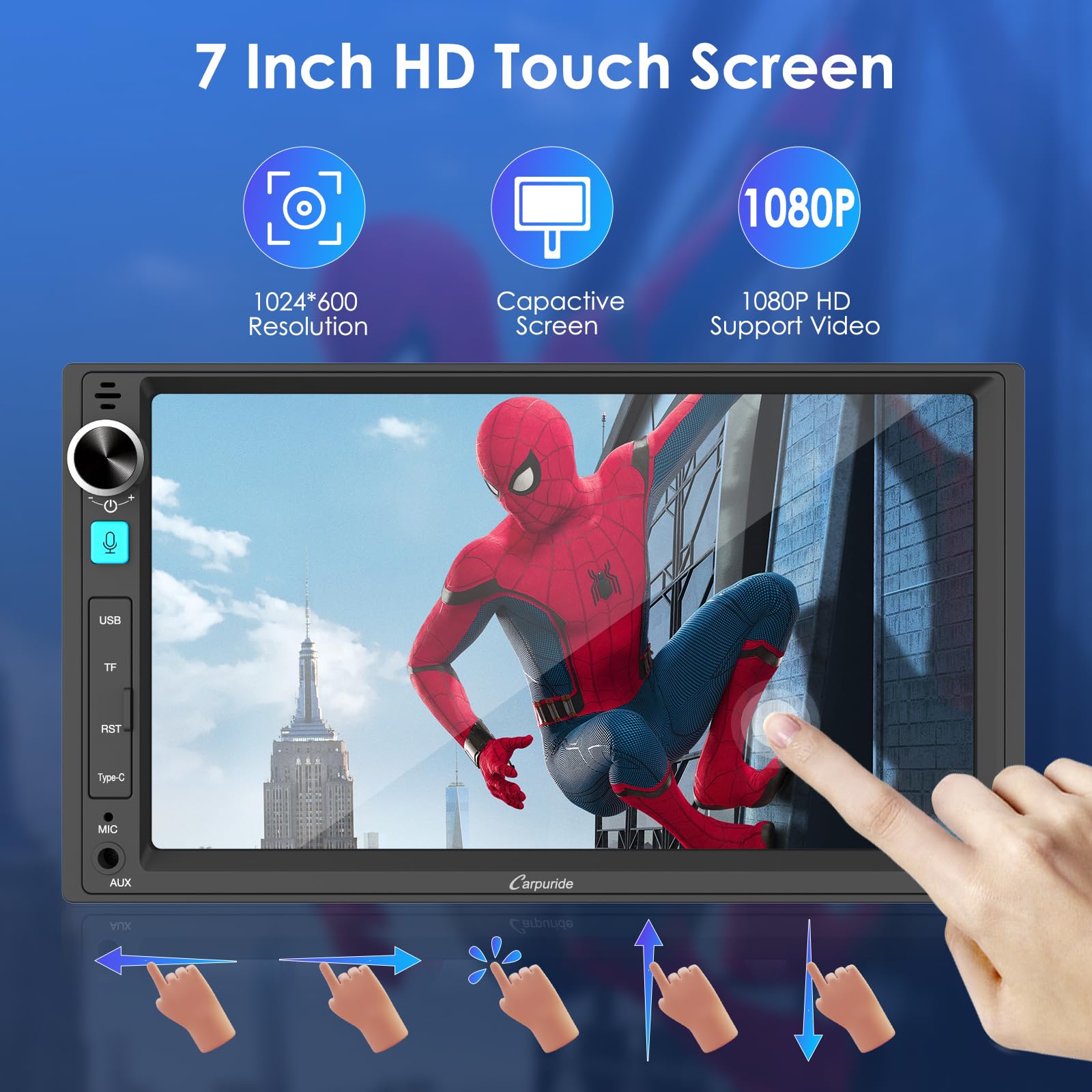 Carpuride S7 Double Din Car Stereo Compatible with Carplay,Android Auto- Car Stereo with back up camera,7 Inch HD Touch Screen, Mirror Link,Voice Control,SWC,Bluetooth,USB/SD Port,FM/Aux