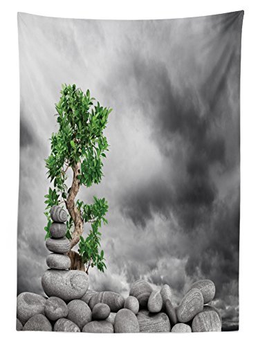 Lunarable Peace Outdoor Tablecloth, Basalt Stones Pile and Green Tree Moody Stormy Dramatic Sky Asia Balance Therapy Theme, Decorative Washable Picnic Table Cloth, 58" X 84", Grey Green