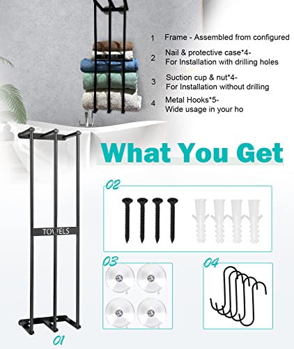 KOCWELL Towel Racks for Bathroom Wall Mounted, 3 Bar Bathroom Towel Holder with Extra 4 Suction Cups and 5 Hooks, Bathroom Towel Storage, Metal Bath Towel Holder for Large Towel Washcloths, Black