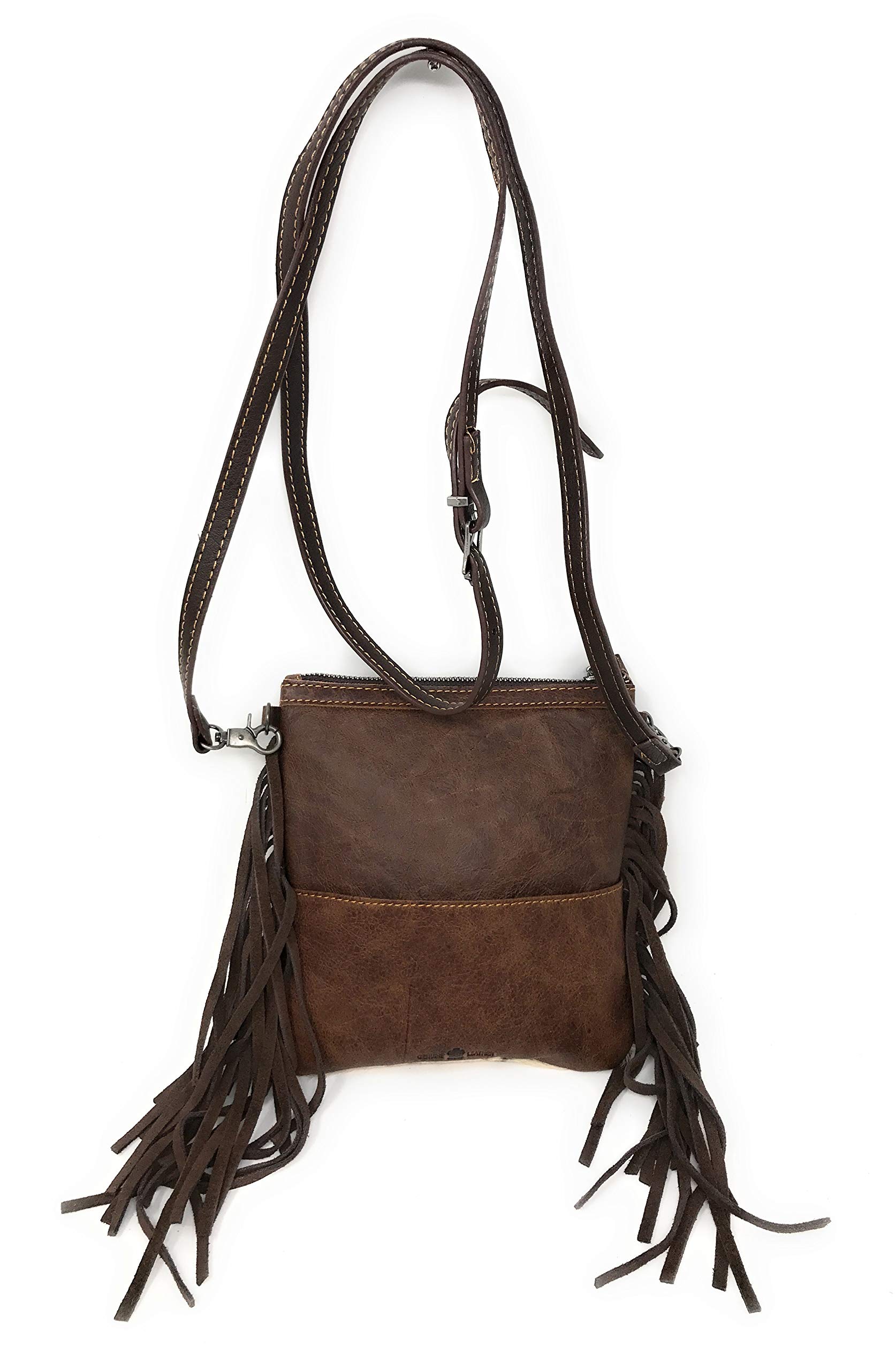 Concealed Carry Leather Western Floral Tool Cowhide Womens Fringe Clutch Crossbody in 2 colors (Brown)