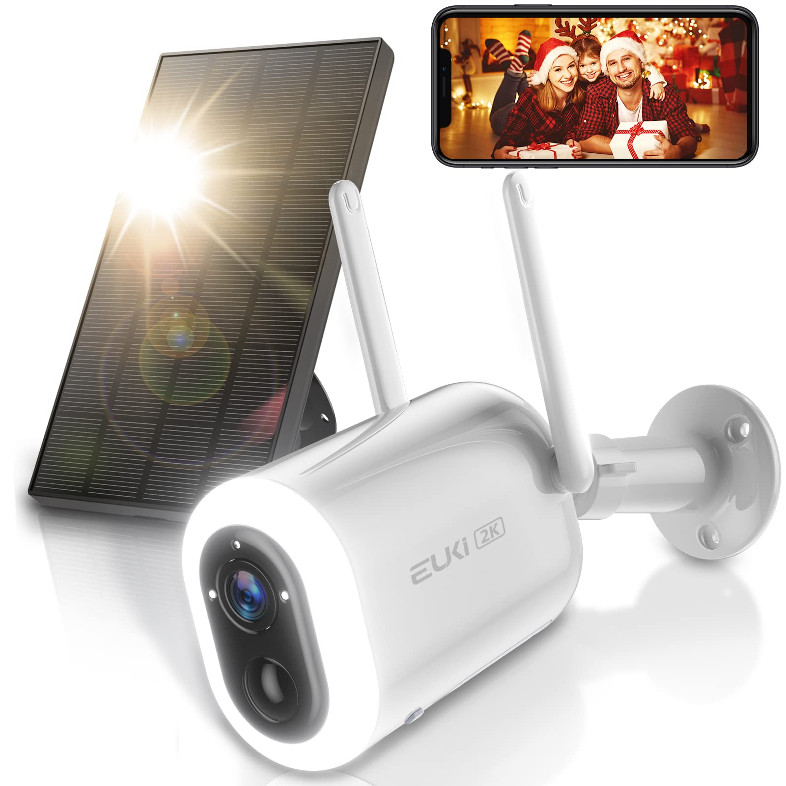 EUKI Solar Security Camera, 2K Security Camera Outdoor, Floodlight Camera, 800 Lumen LED, WiFi, Wireless, Full Color Night Vision, AI Human-Detection, Audible and Visual Alarm, Battery Solar Powered.