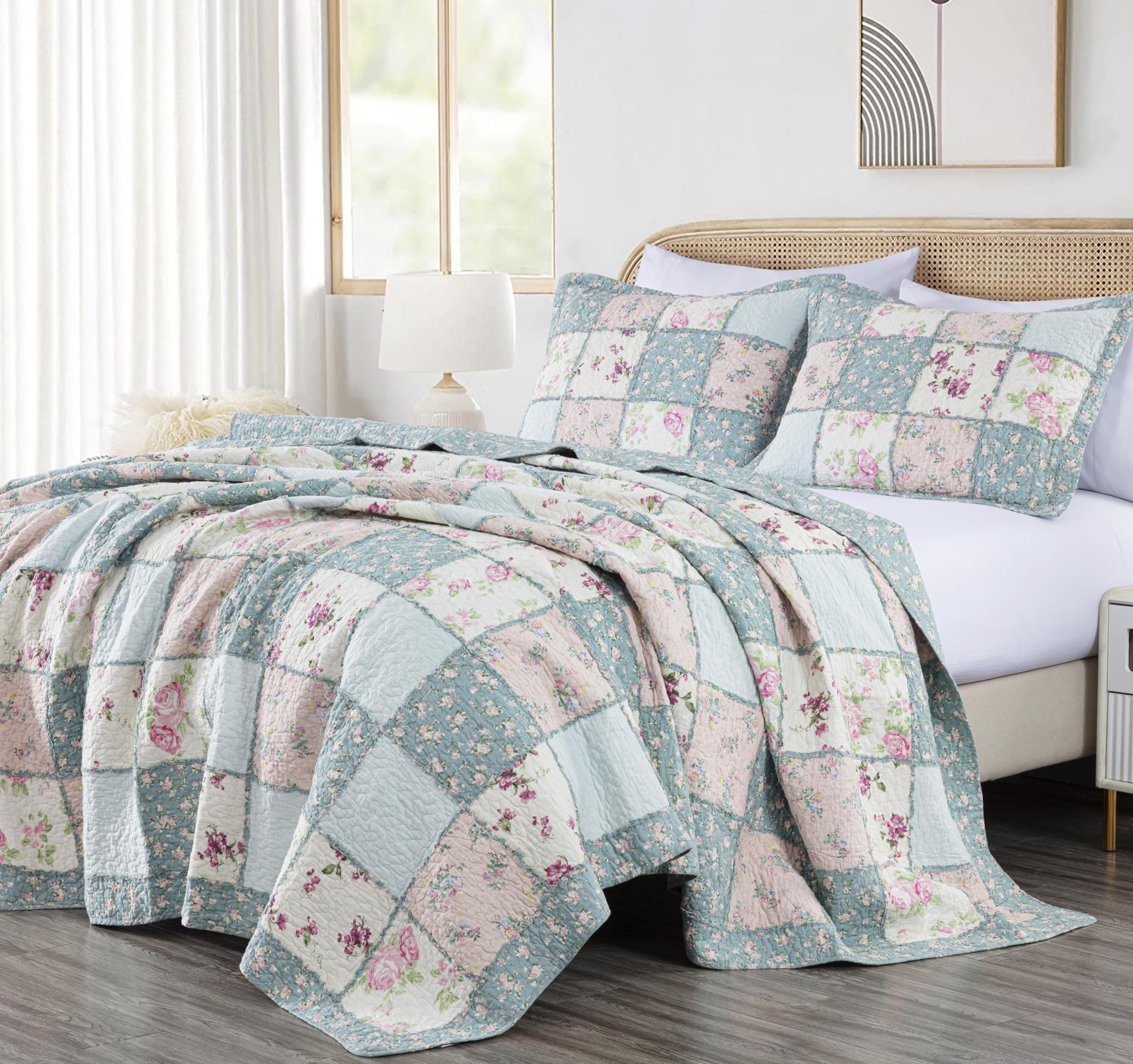 Chezmoi Collection Abbi 3-Piece Shabby Chic Bedding Queen Quilt Set Pre-Washed Cotton Floral Coverlet Bedspread Ruffled Patchwork Quilt Queen Size