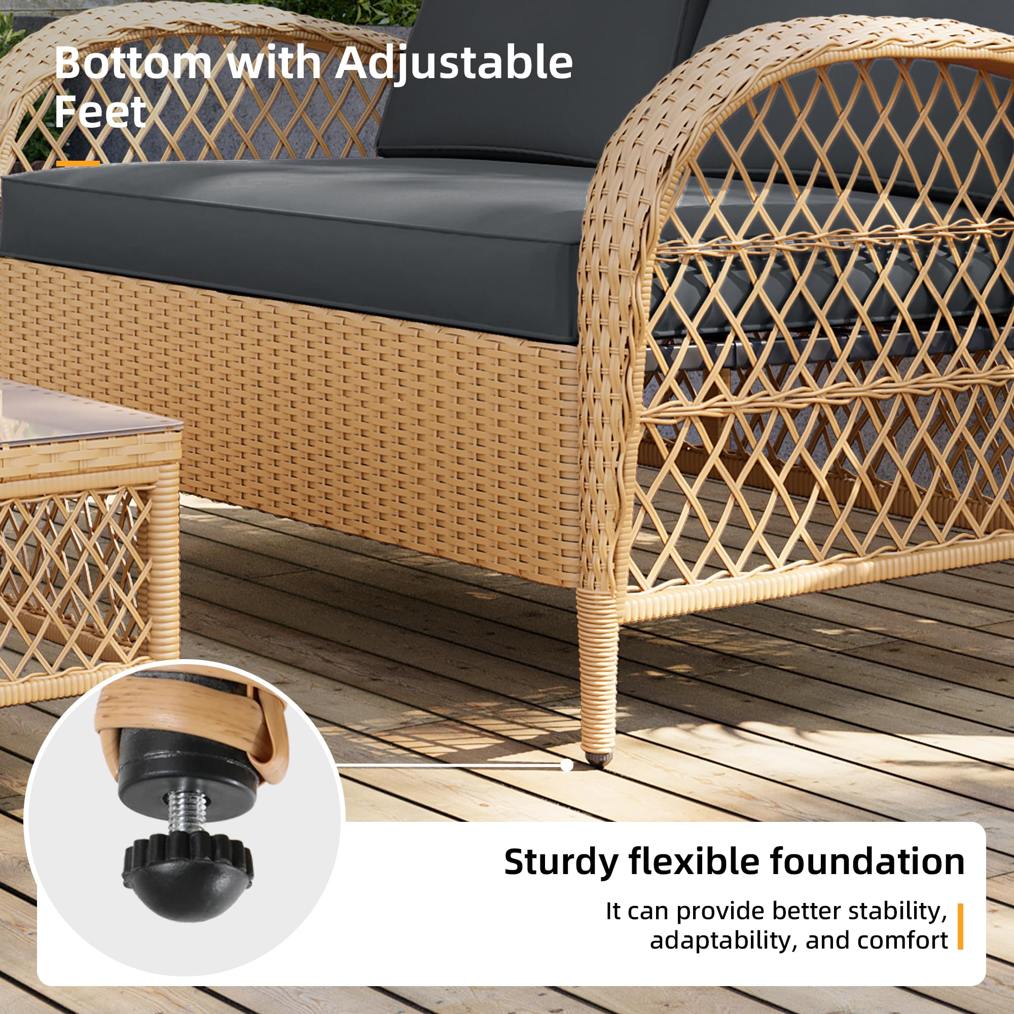 UPHA Patio Outdoor Furniture Set, Beige PE Rattan Patio Conversation Sets, 4 Pieces Wicker Patio Set with Loveseat, 2 Chairs, Coffee Table and Cushions for Backyard, Porch,Darkgrey