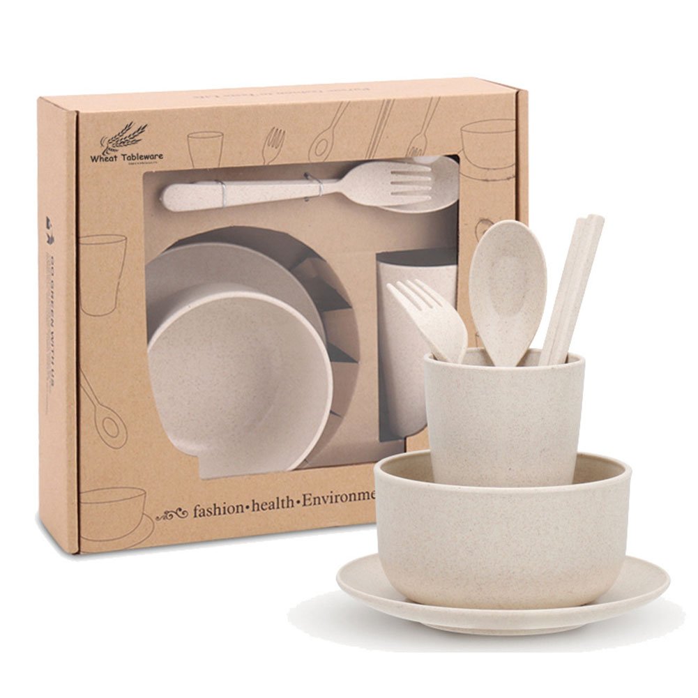 Golandstar Healthy Kitchen Dinnerware Bowl Sets Eco Biodegradable Unbreakable Dinner Plates Bowl Dinnerware, Fork, Spoon, Cup, Chopsticks (6, 6pcs Khaki)