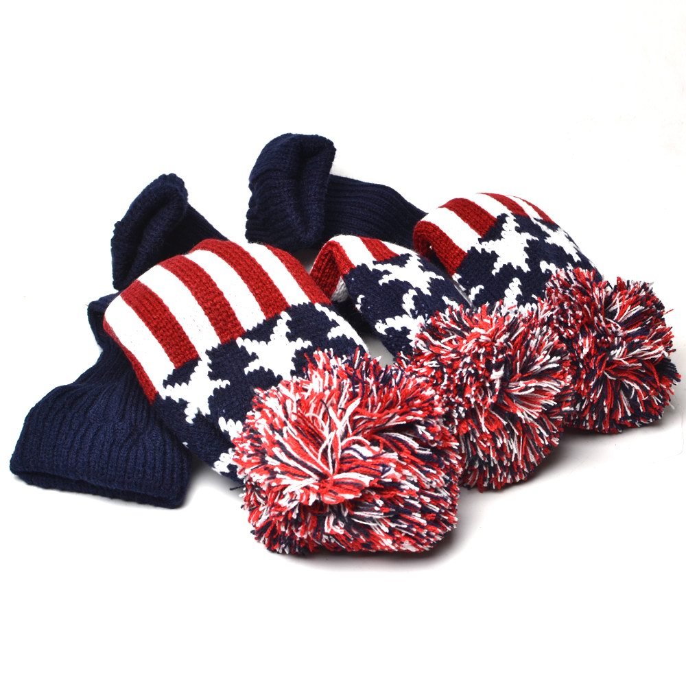 COOLSKY Golf USA Star Stripes Knit 3pcs Headcover Set Vintange Pom Pom Sock Covers 1-3-5