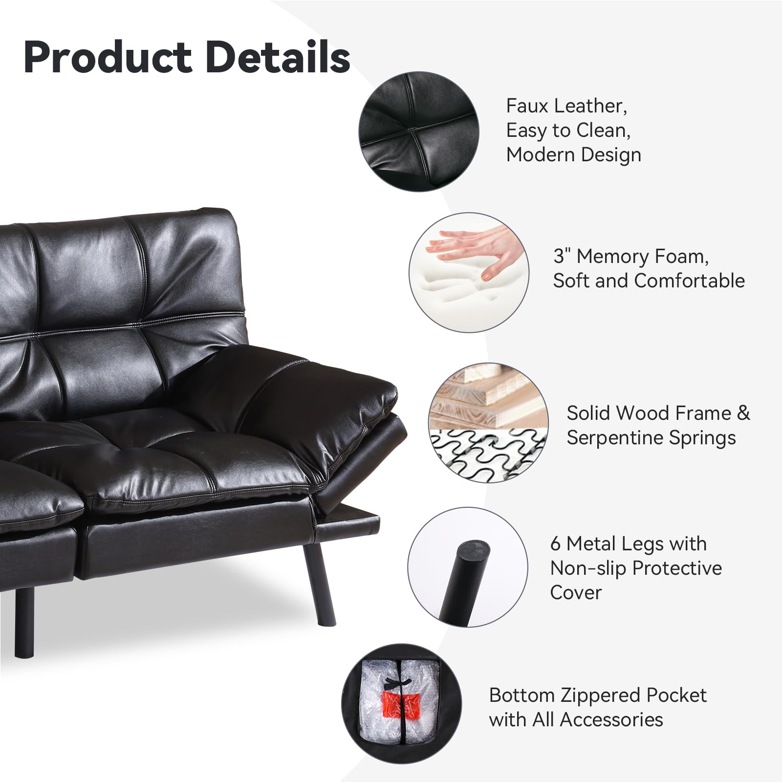 Hcore Convertible Faux Leather Futon Sofa Bed Couch,Memory Foam Futon Sofa Couch,Loveseat Sleeper Sofa Bed,Small Splitback Modern Sofa Bed for Living Room,Office,Apartment,Bright Black