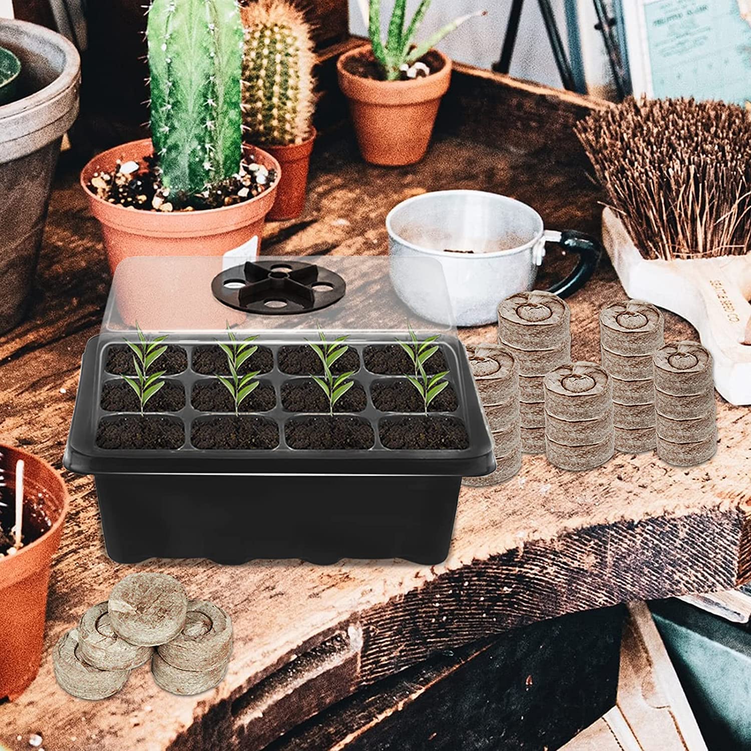 Halatool Seed Starter Kit 4 Pack 48 Cells Black Seed Starter Tray with 50 PCS Peat Pellets for Seedlings Organic Seed Stater Soil Pods for Planting Vegetables Plants Flowers & Starting Seeds