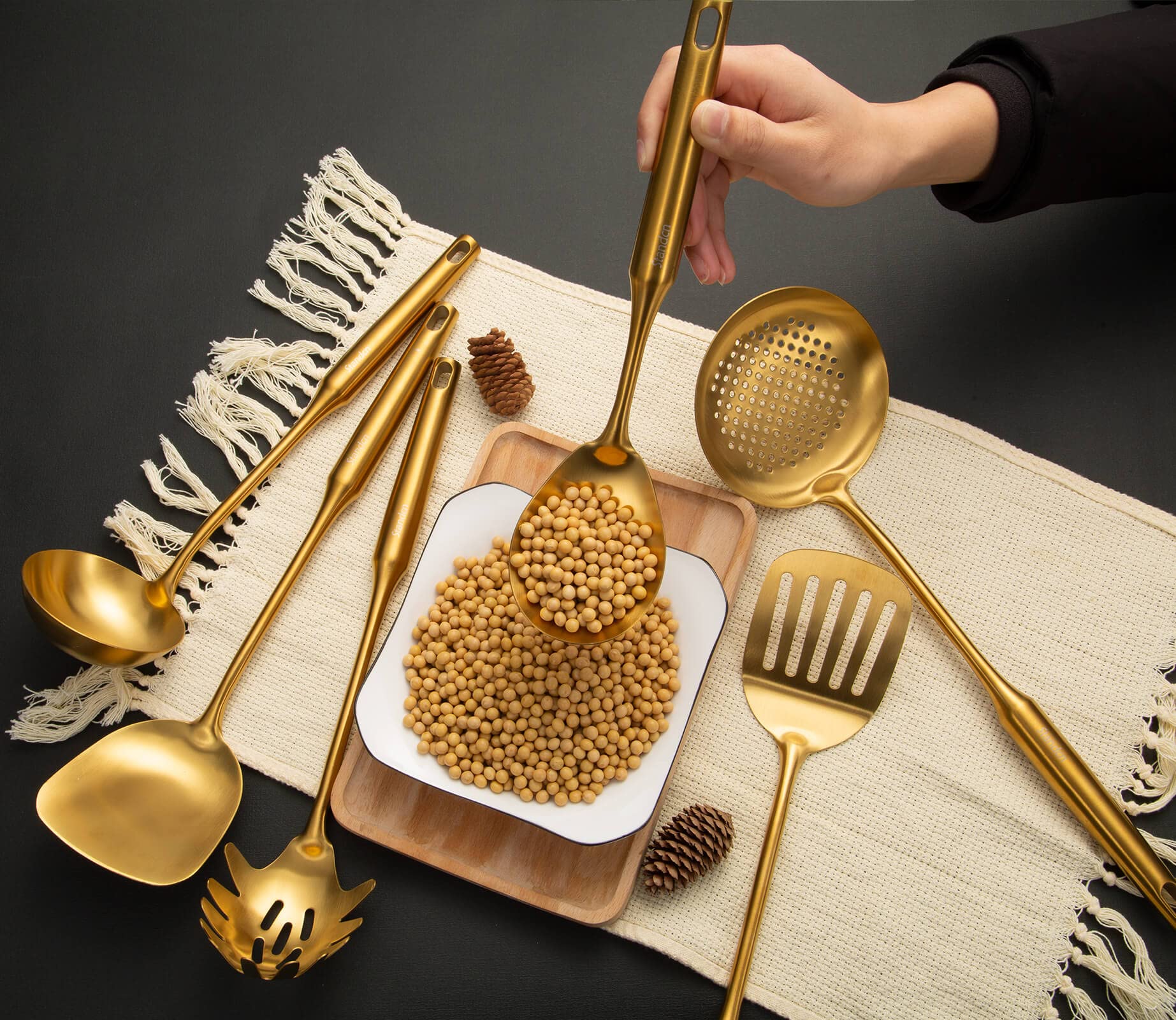Gold Kitchen Utensils Set, Standcn 9 PCS 304 Stainless Steel All Metal Cooking Tools with Meat Fork, Solid Spoon, Slotted Spoon, Spatula, Ladle, Skimmer, Slotted Spatula, Spaghetti Server, Large Spoon