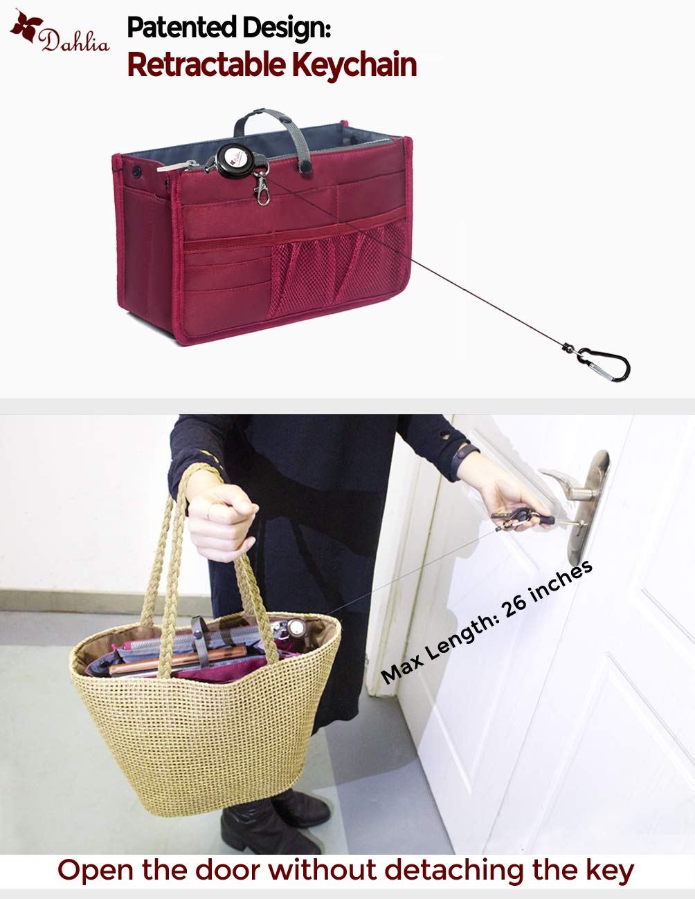 Dahlia Patented Handbag Purse Organizer Insert - STURDY Flexible, Black