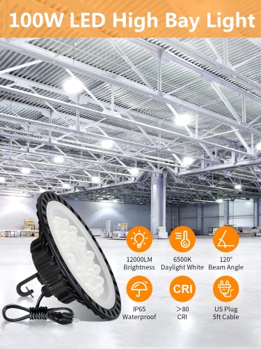 LED High Bay Light, 100W 12000LM UFO LED High Bay Lights with US Plug 5' Cable, 6500K Super Bright LED Shop Lights, IP65 Warehouse Light, Area Light Fixture Shop Light for Garage Warehouse Workshop