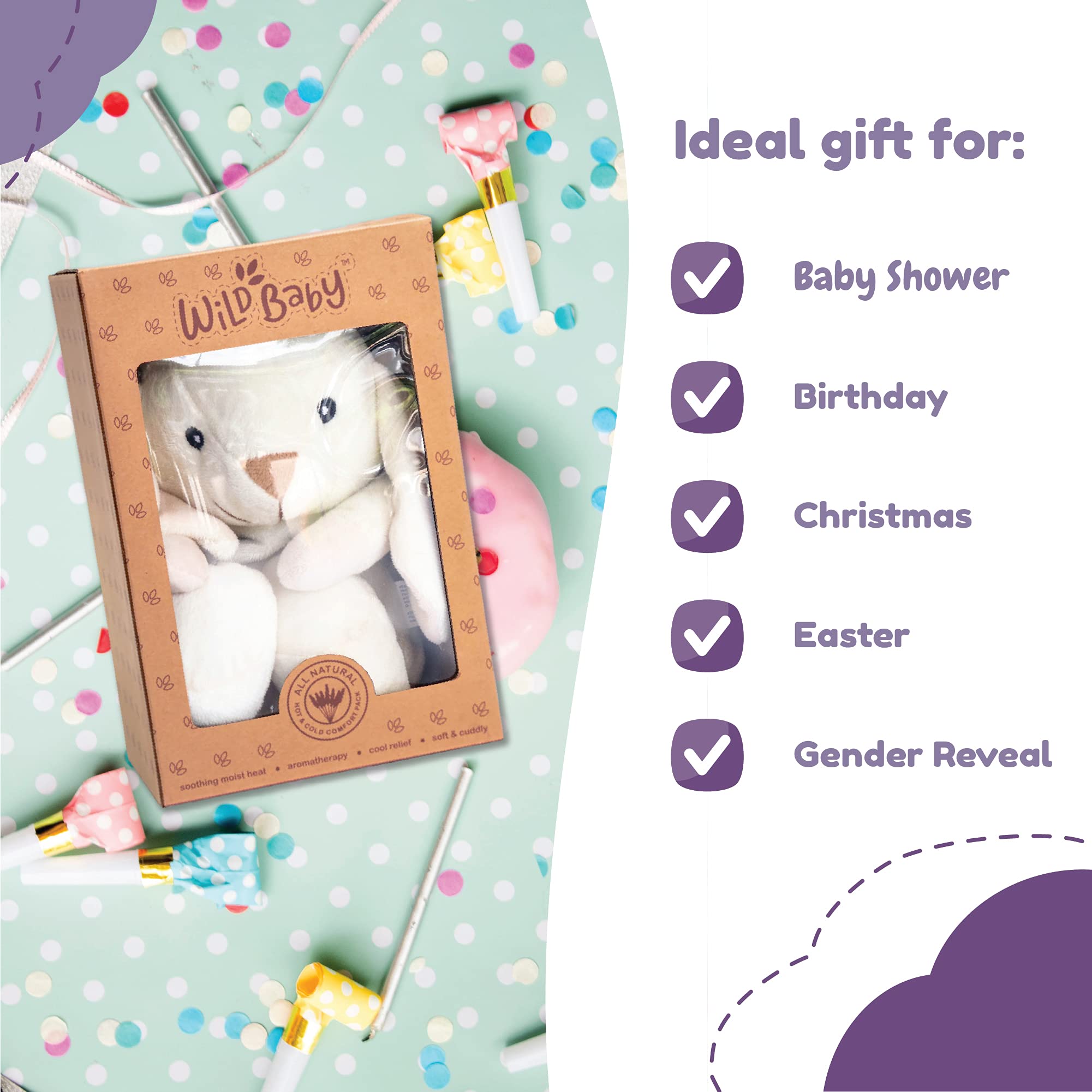 WILD BABY Rabbit Bunny Stuffed Animals, Warmie for Kids, 10 Inch, Microwavable, Heatable Clay Beads, Squishmallow Plush Pal with Dried Lavender Aromatherapy, Soft & Cuddly