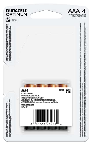 Duracell Optimum AAA Batteries with Power Boost Ingredients, 4 Count Pack Triple A Battery with Long-lasting Power, All-Purpose Alkaline AAA Battery for Household and Office Devices