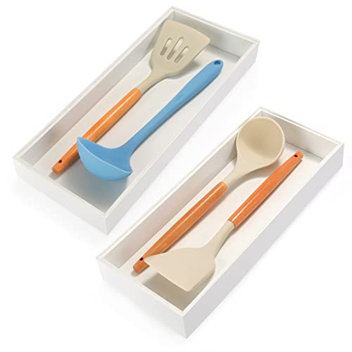 Lixple Kitchen Drawer Organizer - 2 Pack, Stackable Bamboo Drawer Organizers, Wooden Storage Box Tray for Cabinet, Pantry, Bathroom Countertop, Multi-use Organization and Storage (White)
