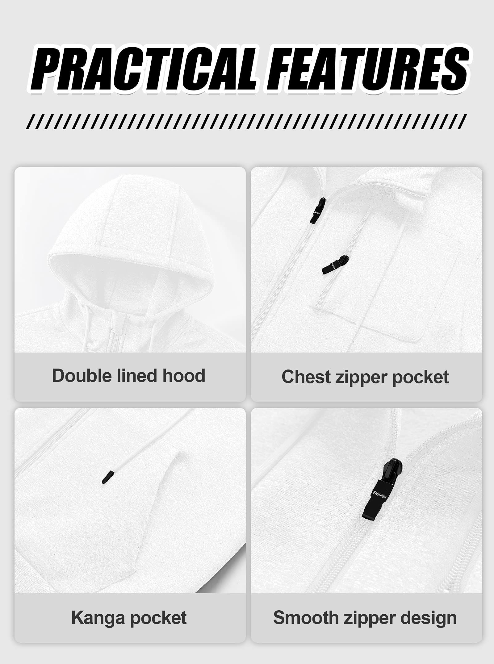 Chrisuno Men's Athletic Fit Full Zip Fleece Large Hooded Sweatshirt Active Breathable Hoodie S White
